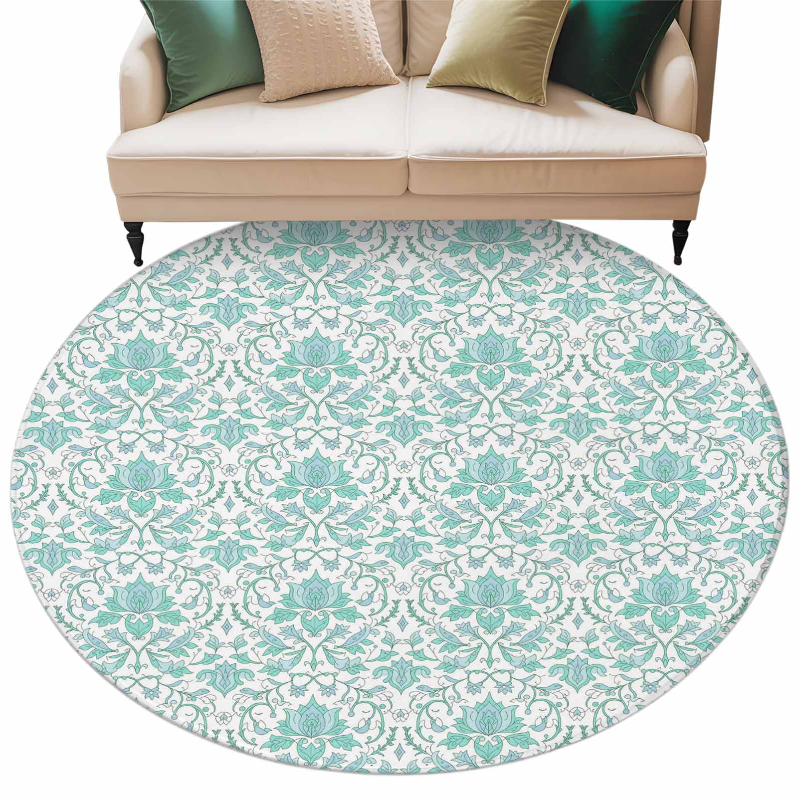 Ethnic Style Round Area Rug 5ft Medieval Retro Teal Flower Texture Non ...