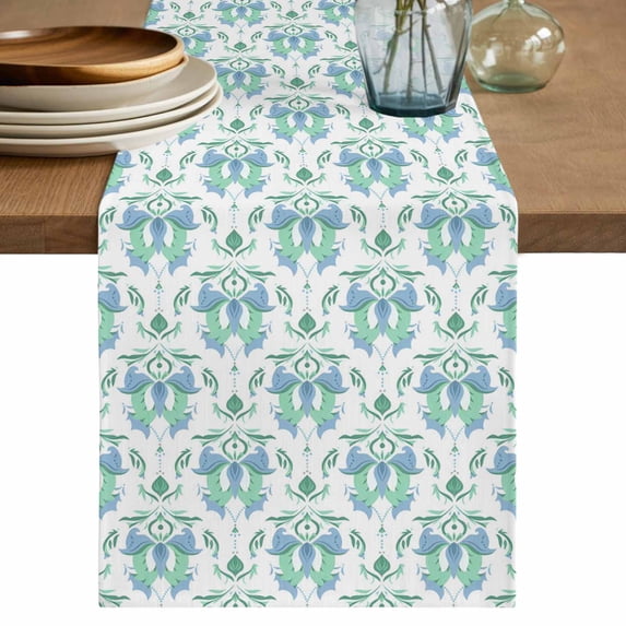 Ethnic Style Table Runner, Medieval Green Blue Flower Texture Cotton ...