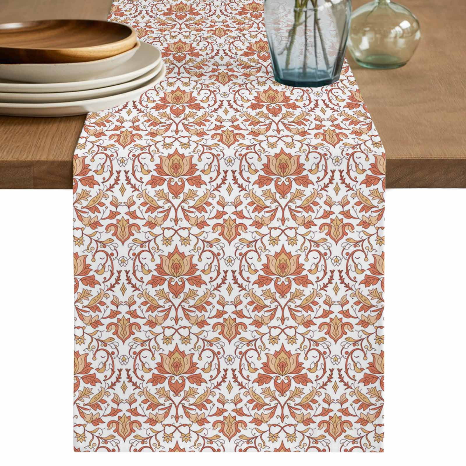 Ethnic Style Table Runner, Medieval Retro Orange Flower Texture Cotton ...