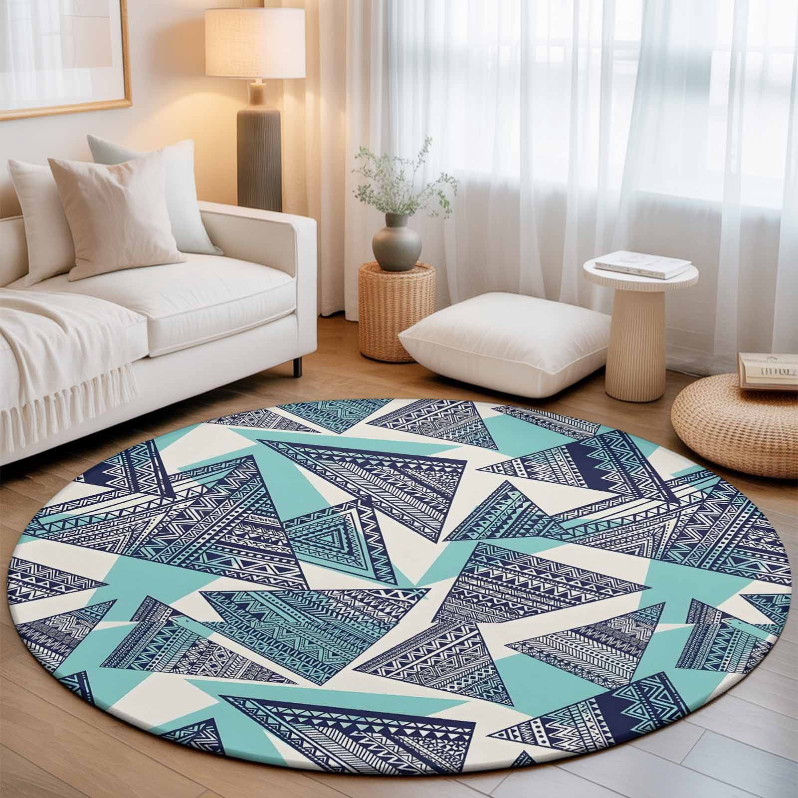 Ethnic Style Washable Round Area Rug 5 ft, Abstract Southwestern Teal ...