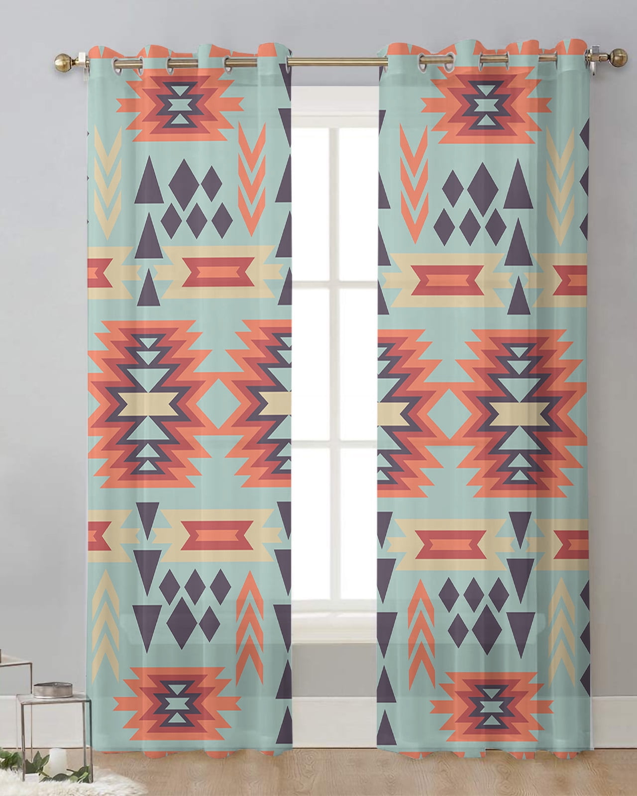 Ethnic Symbols Texture Arrow Squares Voile Hanging Curtain Living Room ...
