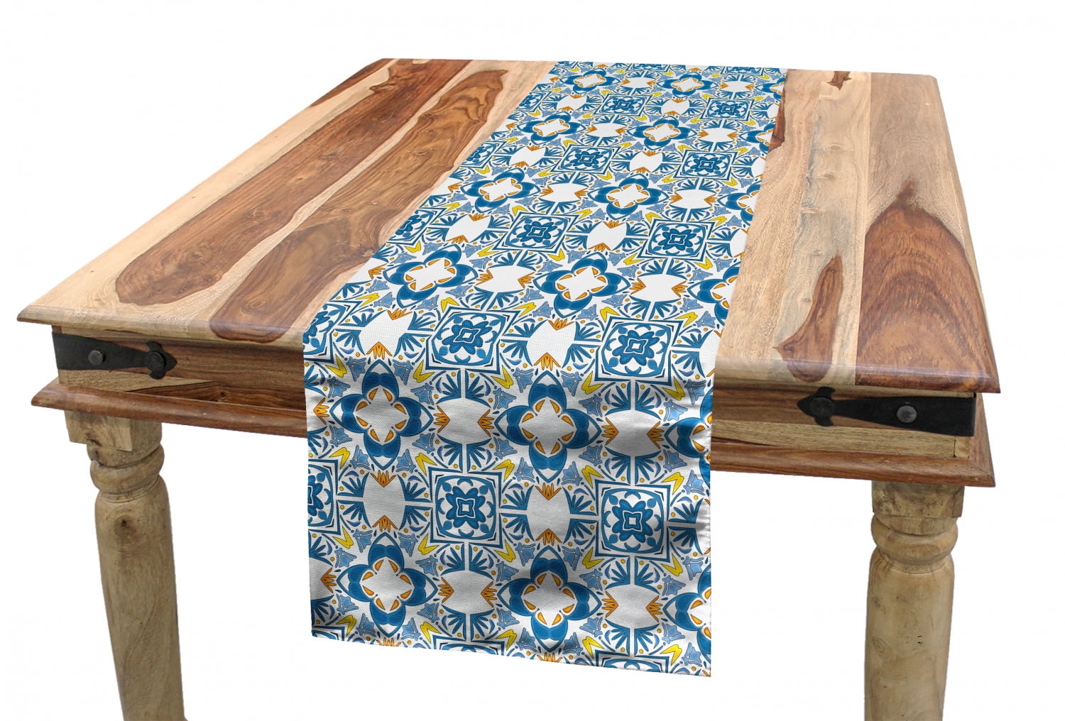 Ethnic Table Runner, Tunisian Mosaic Tile Look Print of Azulojo and ...