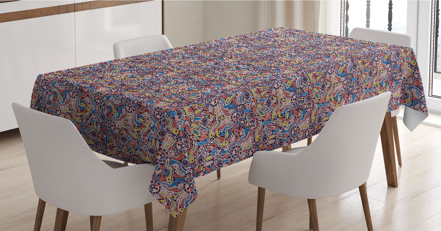 Ethnic Tablecloth, Mosaic Style Folk Prehistoric Historical Nature with ...