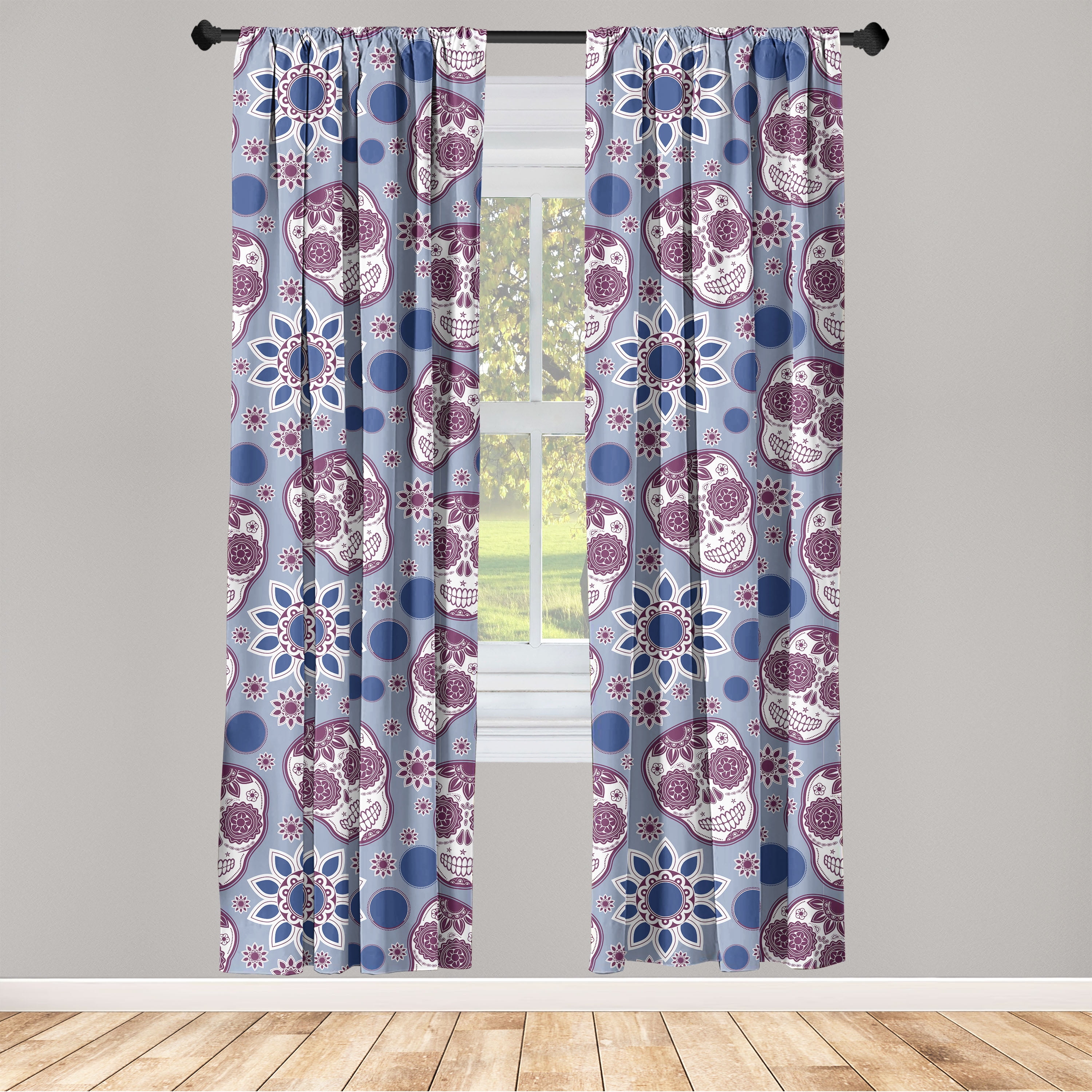 Ethnic Theme Window Curtains, Mexican Inspired Floral Ornamental Skulls ...