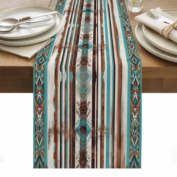 Ethnic Tribal Diamond Cotton Linen Table Runner Boho Abstract Teal ...