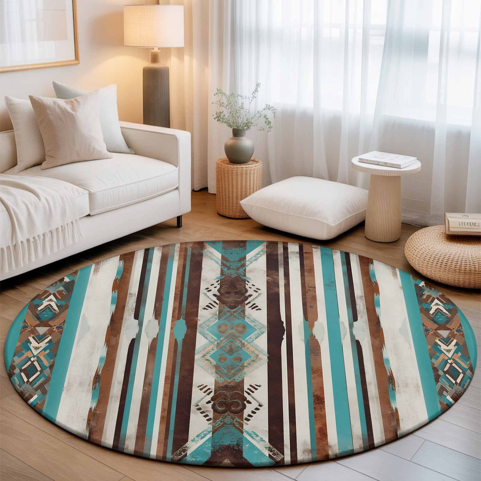 Ethnic Tribal Diamond Washable Round Area Rug 8 ft, Boho Abstract Teal ...