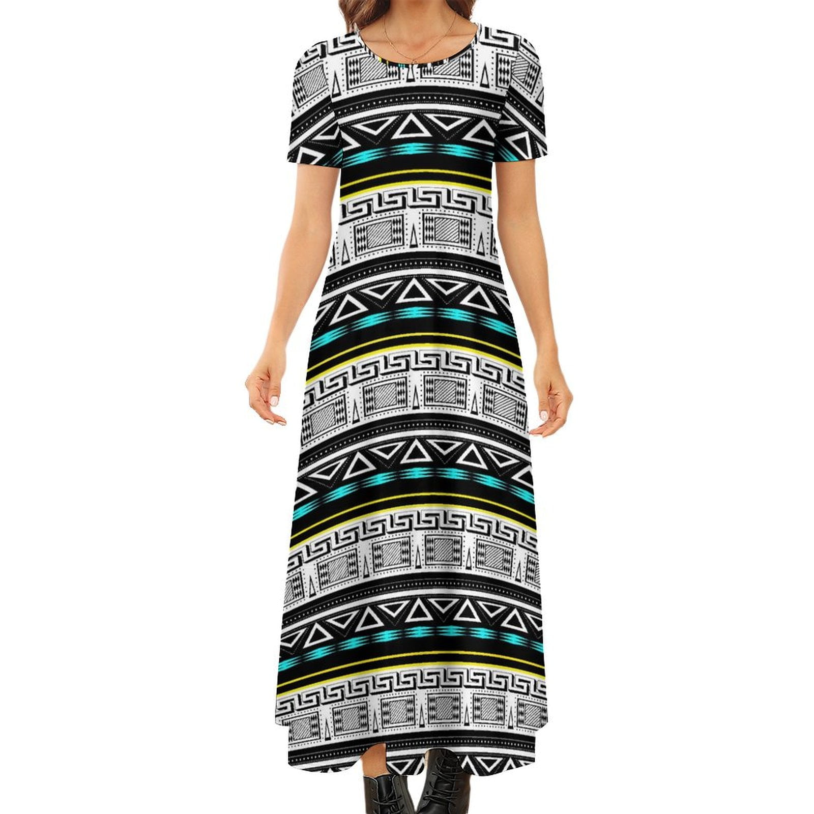 Ethnic Tribal Dress Black And White Cute Maxi Dress Short Sleeve ...