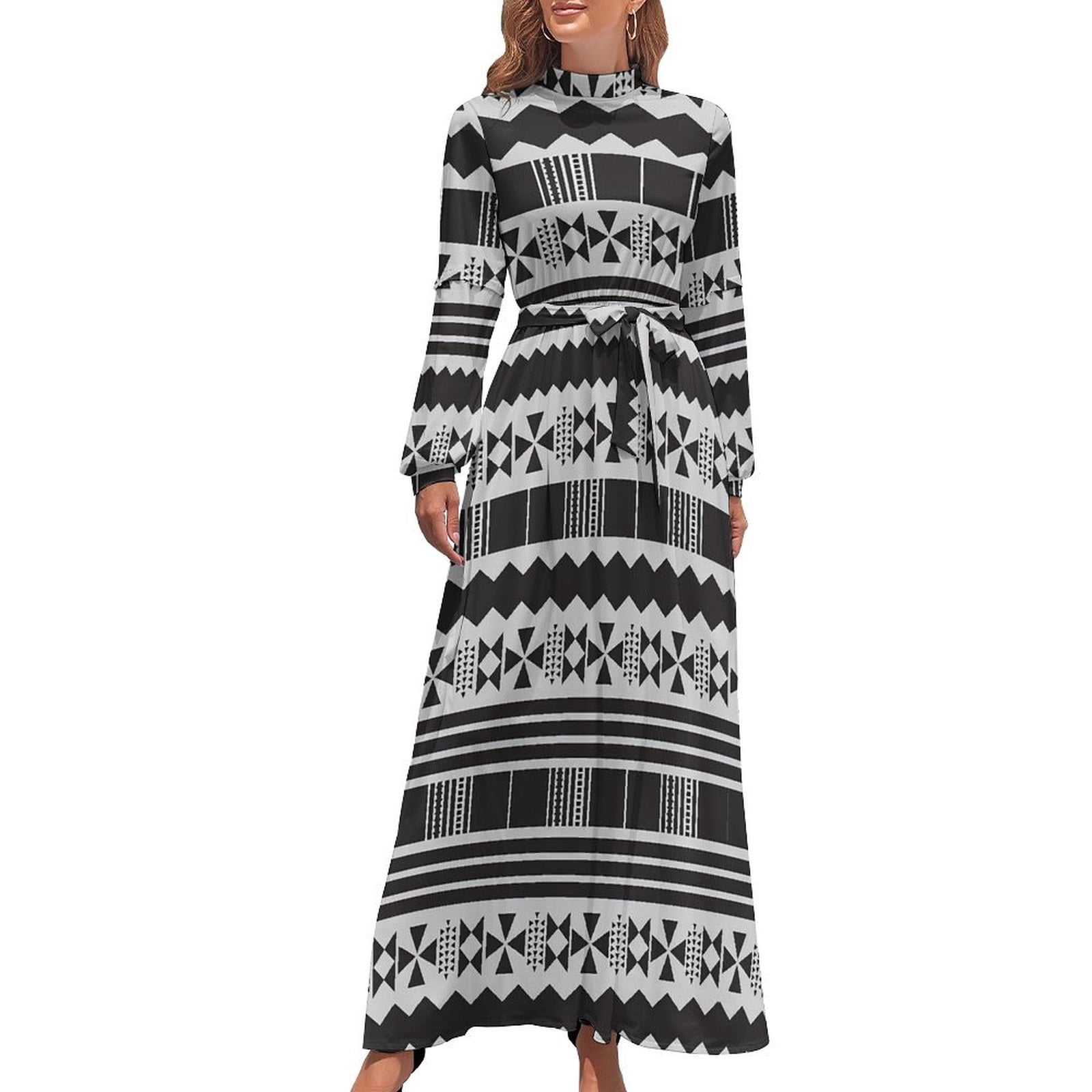 Ethnic Tribal Dress Long Sleeve Black And White Party Maxi Dress High ...
