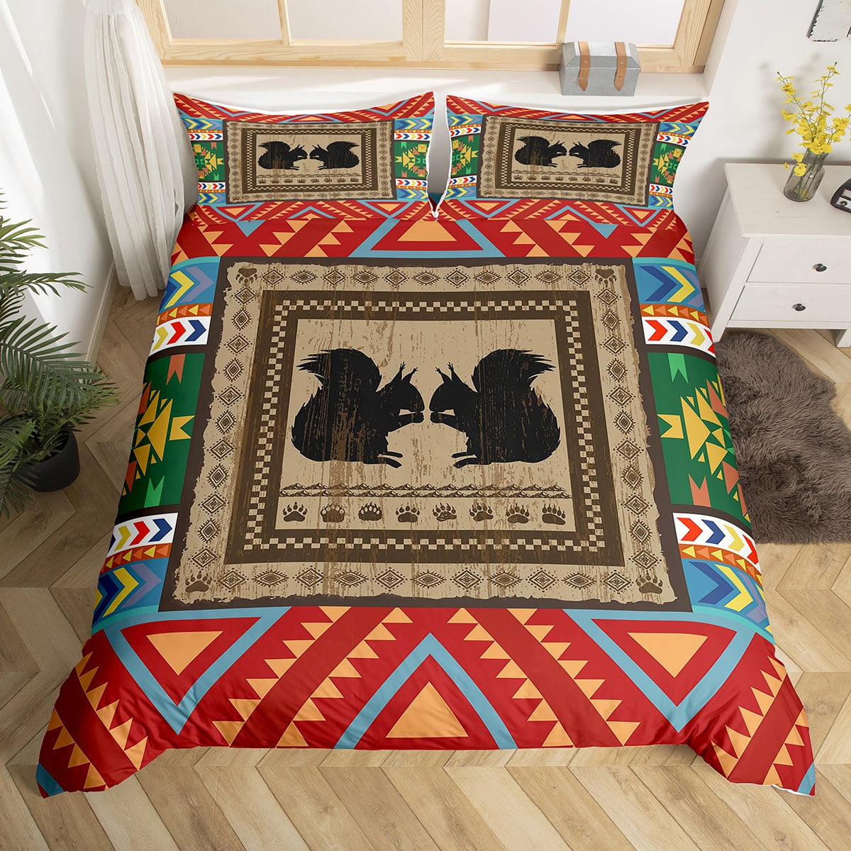 Ethnic Tribal Duvet Cover Full Cute Squirrel Comforter Cover Farmhouse ...