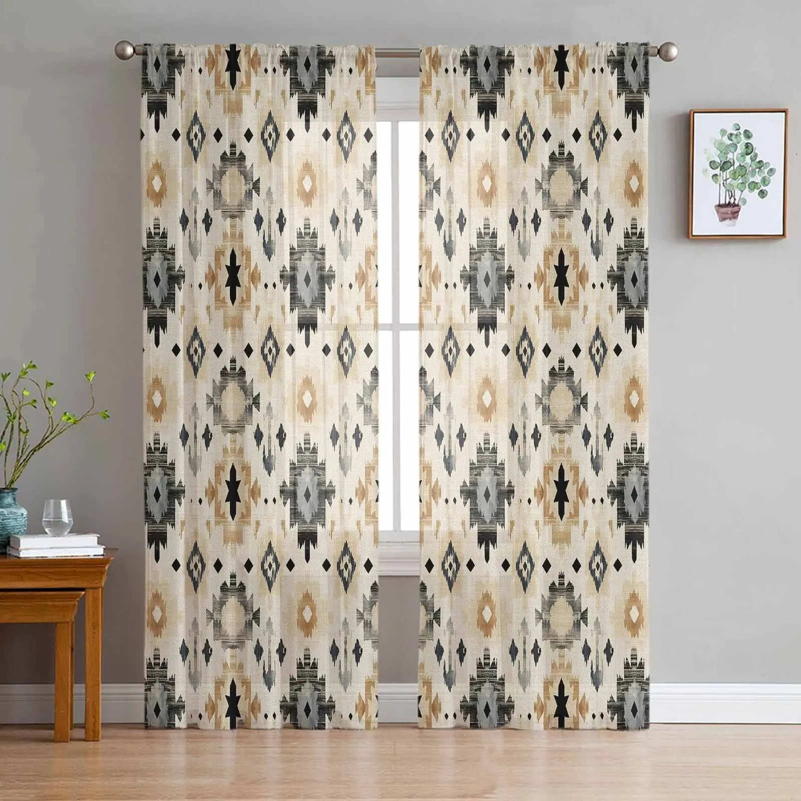 Ethnic Tribal Geometric Abstract Tulle Curtains for Living Room Bedroom ...
