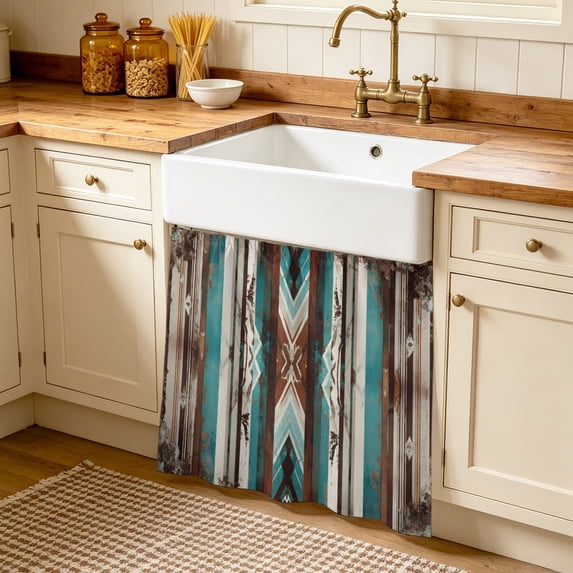 Ethnic Tribal Stripes Cabinet Curtain, Retro Vintage Geometric Teal ...