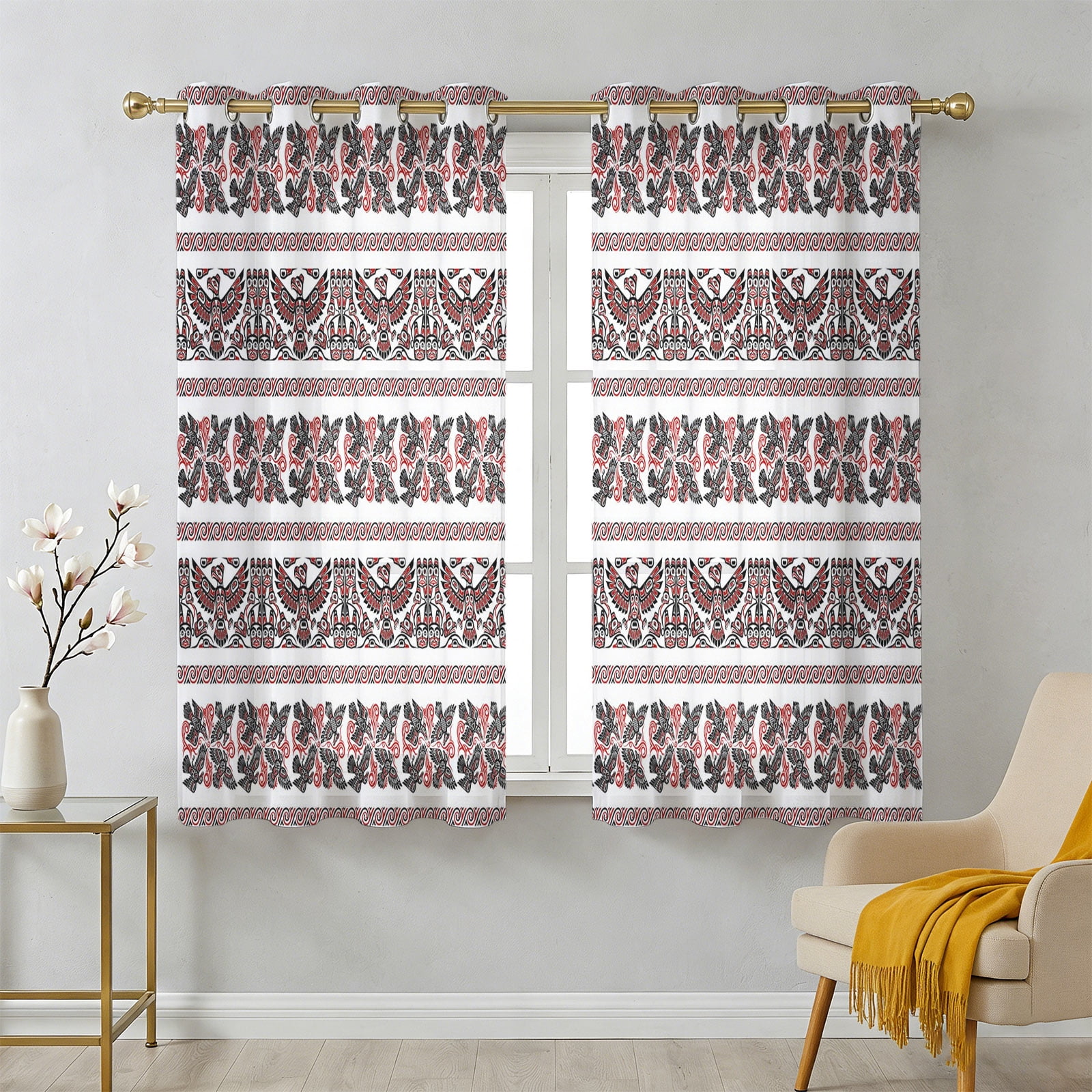 Ethnic Tribal Style Sheer Curtains 39 Inch Long 2 Panels, Bird ...