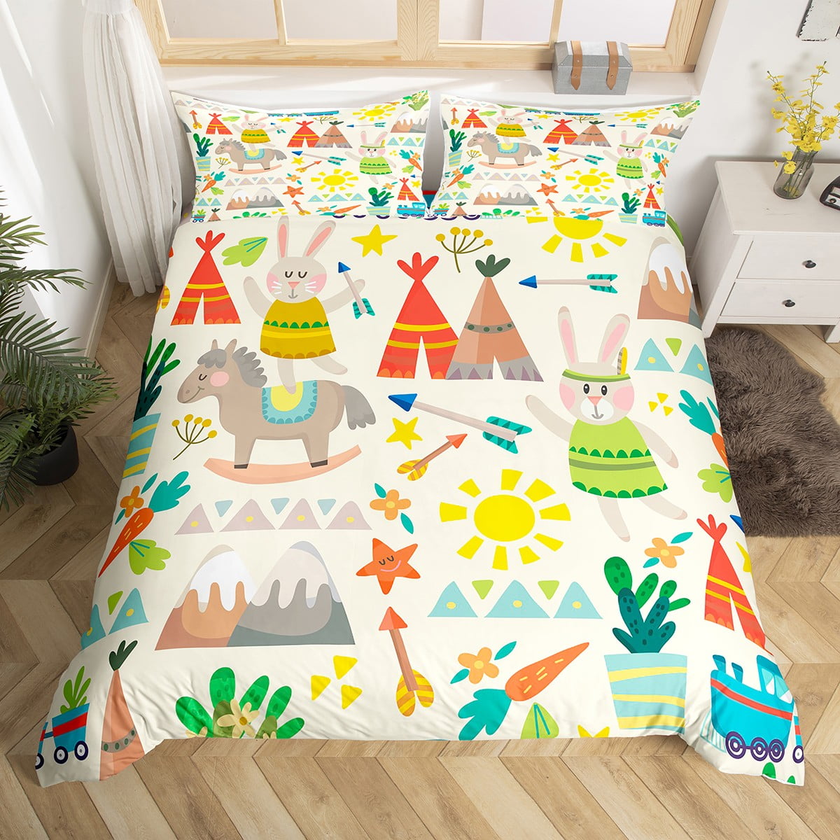 Ethnic Tribe Duvet Cover Full Rabbit Cute Bedding Set for Kids Child ...