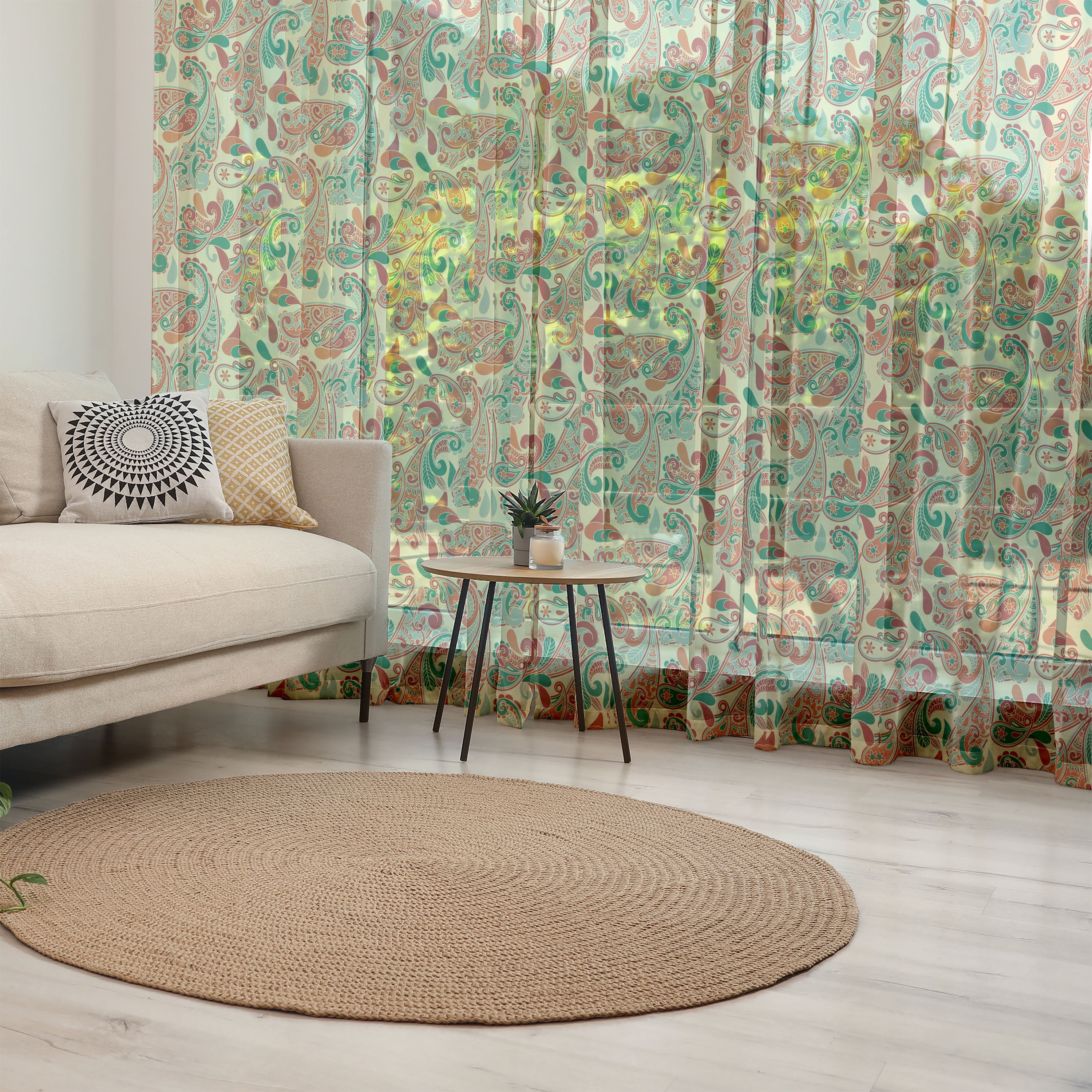 Ethnic Tulle Curtains with Rod Pocket, Paisley Leaves with Folk Culture ...