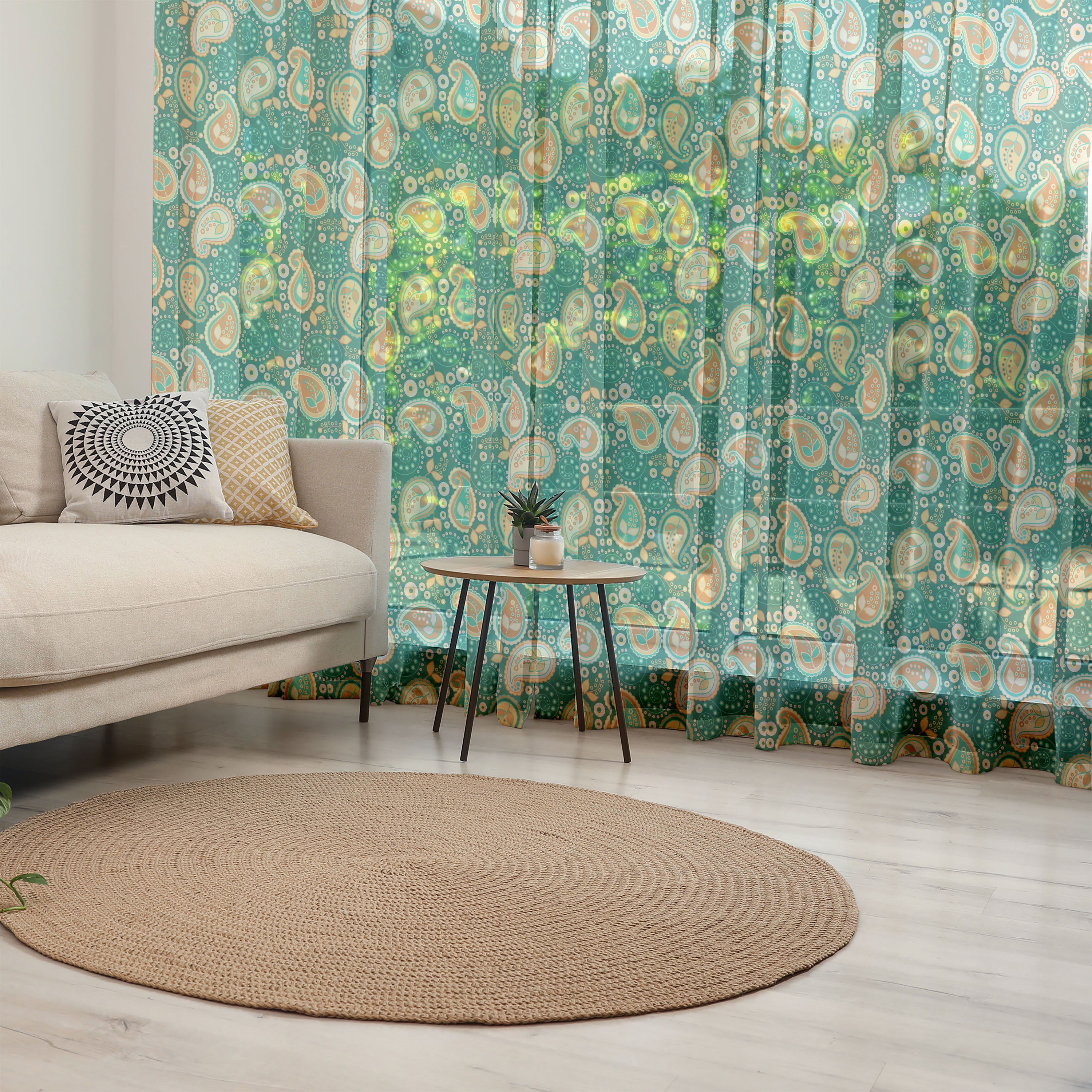 Ethnic Tulle Curtains with Rod Pocket, Paisley Leaves with Folkloric ...