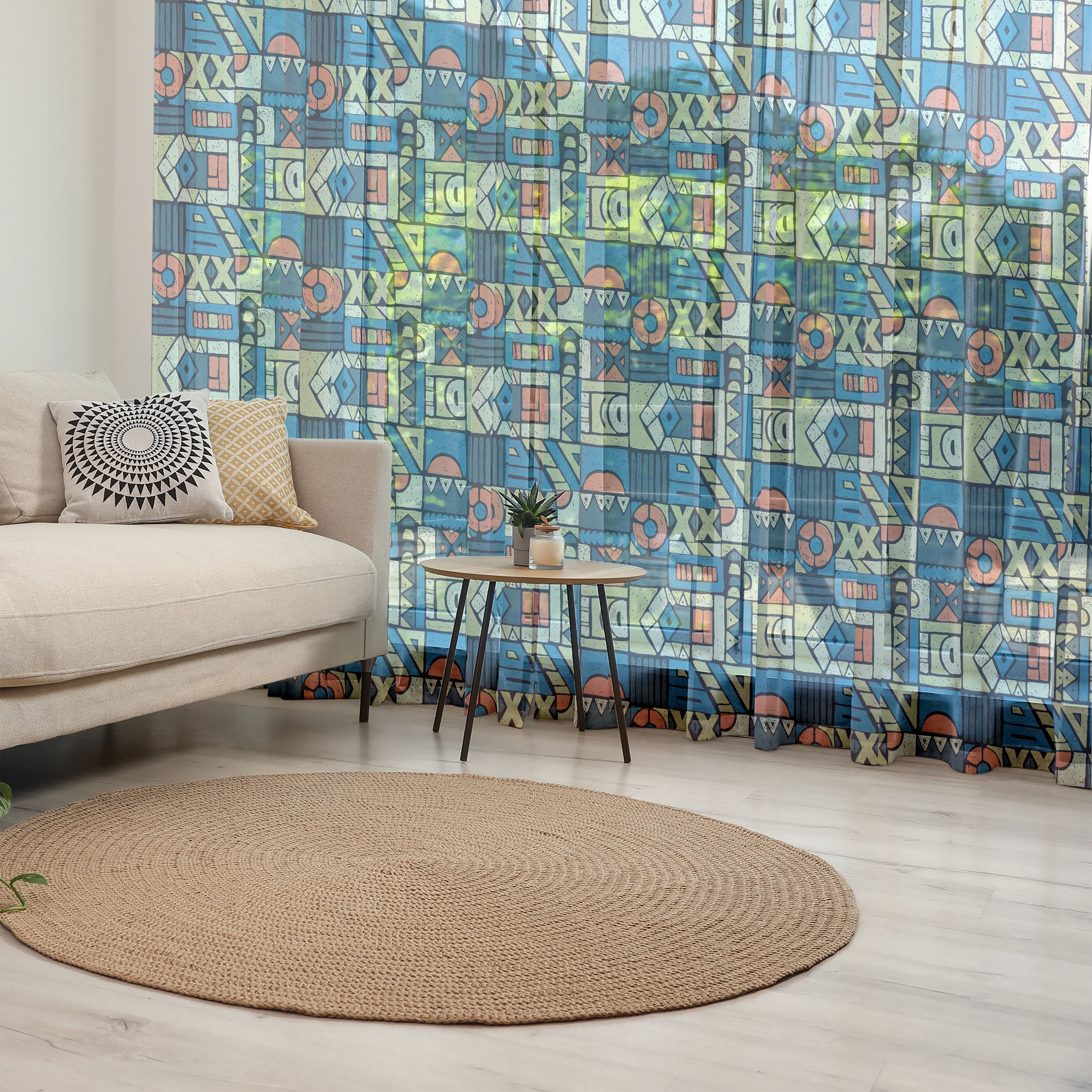 Ethnic Tulle Curtains with Rod Pocket, Print with Folk Traditional ...