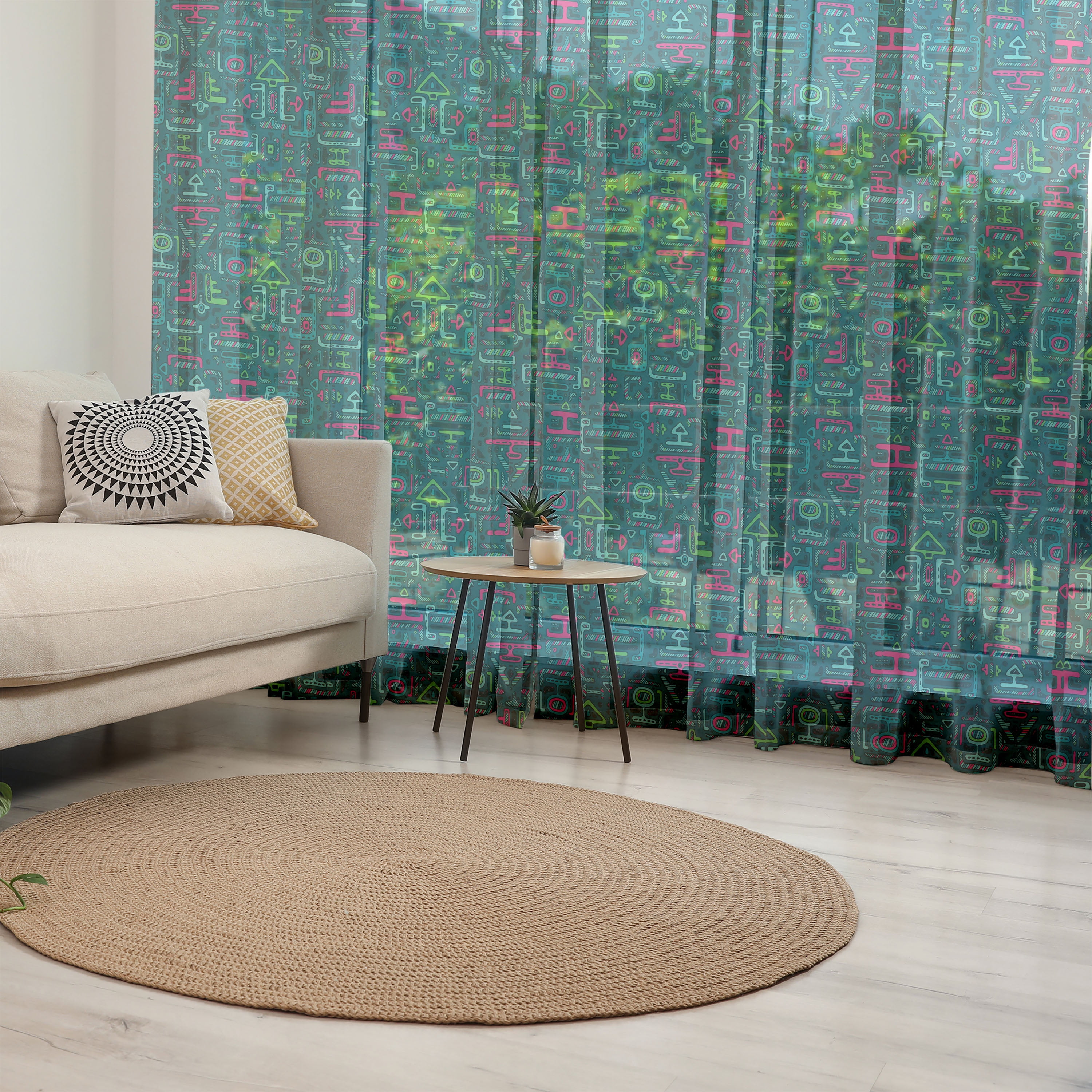 Ethnic Tulle Curtains with Rod Pocket, Vibrant Colored Drawing Style ...