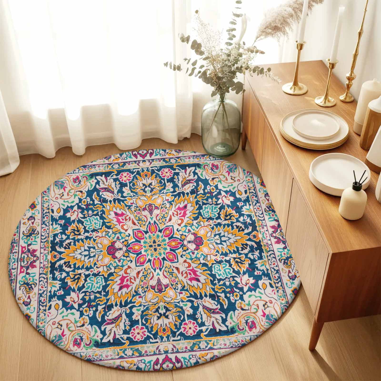 Ethnic Wind Flowers Patterns Round Area Rug 3ft,Living Room Rug Non ...