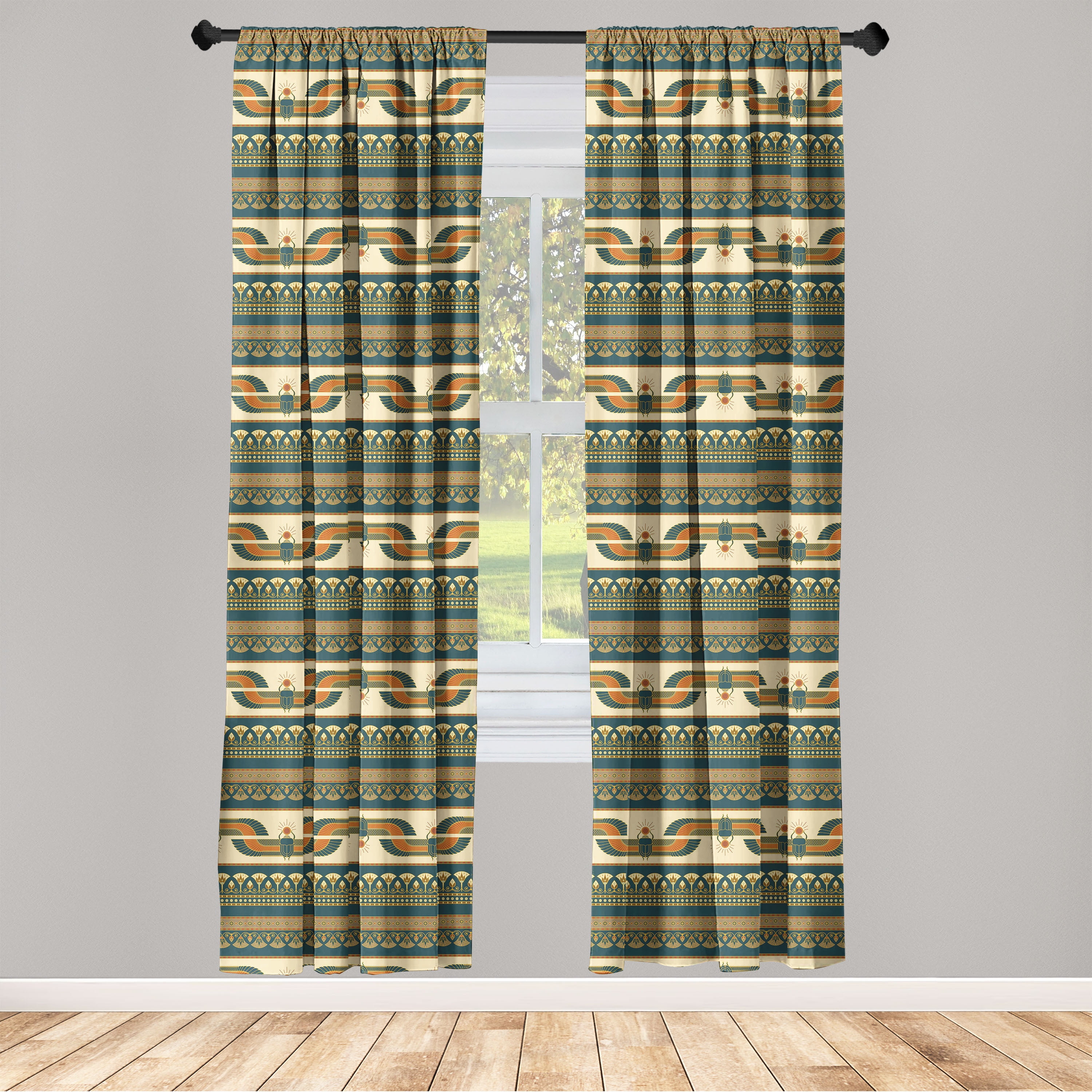 Ethnic Window Curtains, Egypt Folk Art Style Sun Geometric Stripes ...