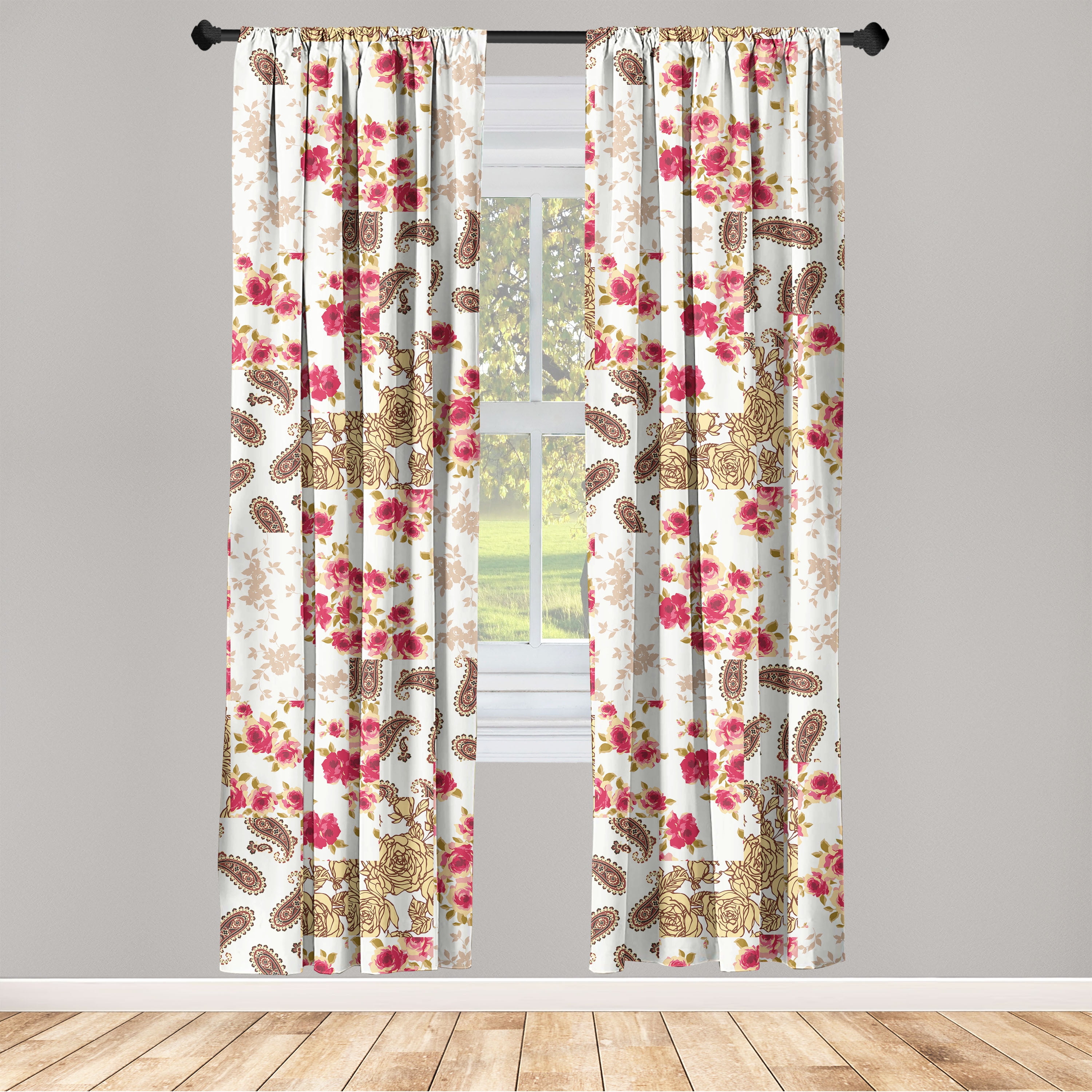Ethnic Window Curtains, Paisley Motifs with Flowers Minimalistic ...