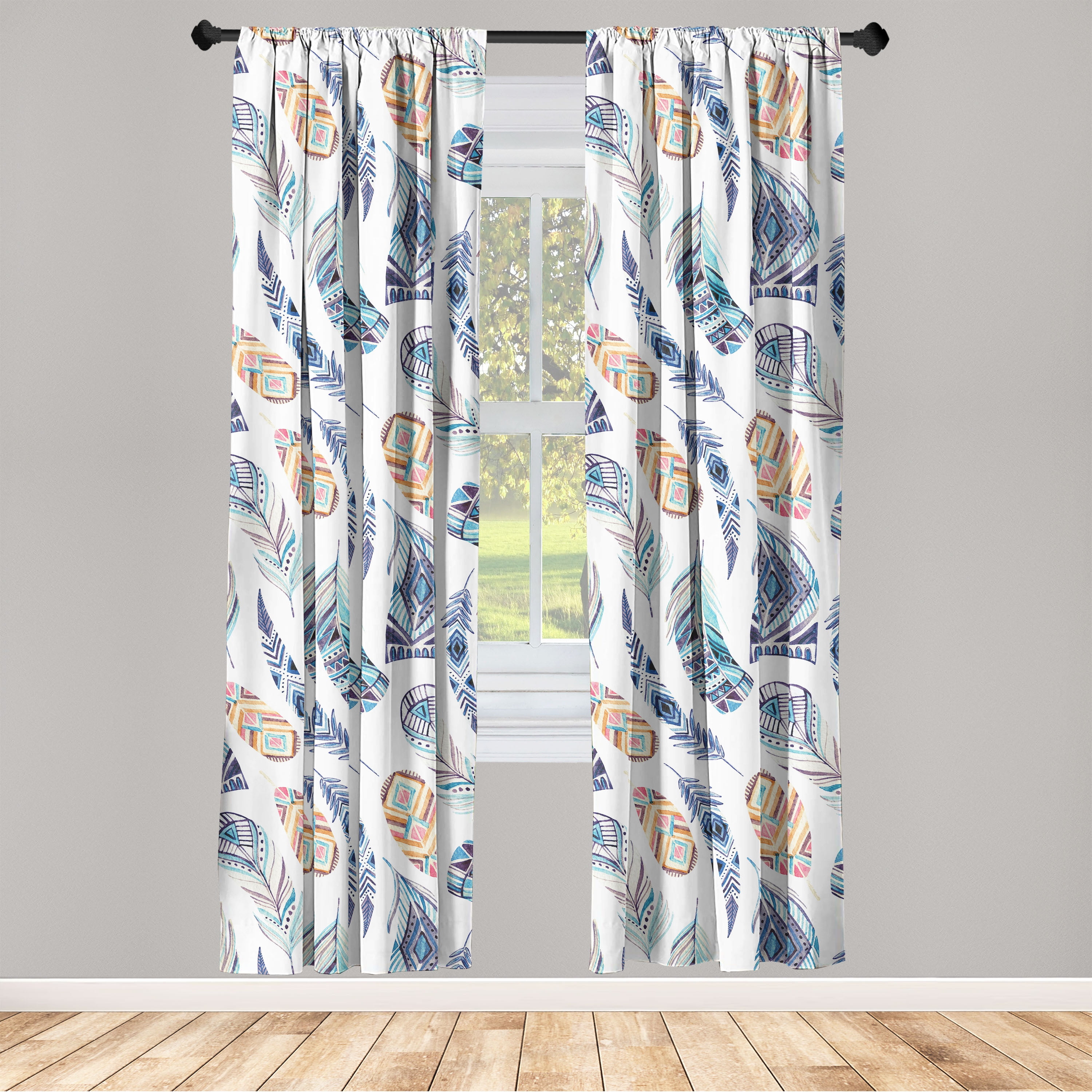 Ethnic Window Curtains, Repetitive Colorful Feathers Pattern Watercolor ...