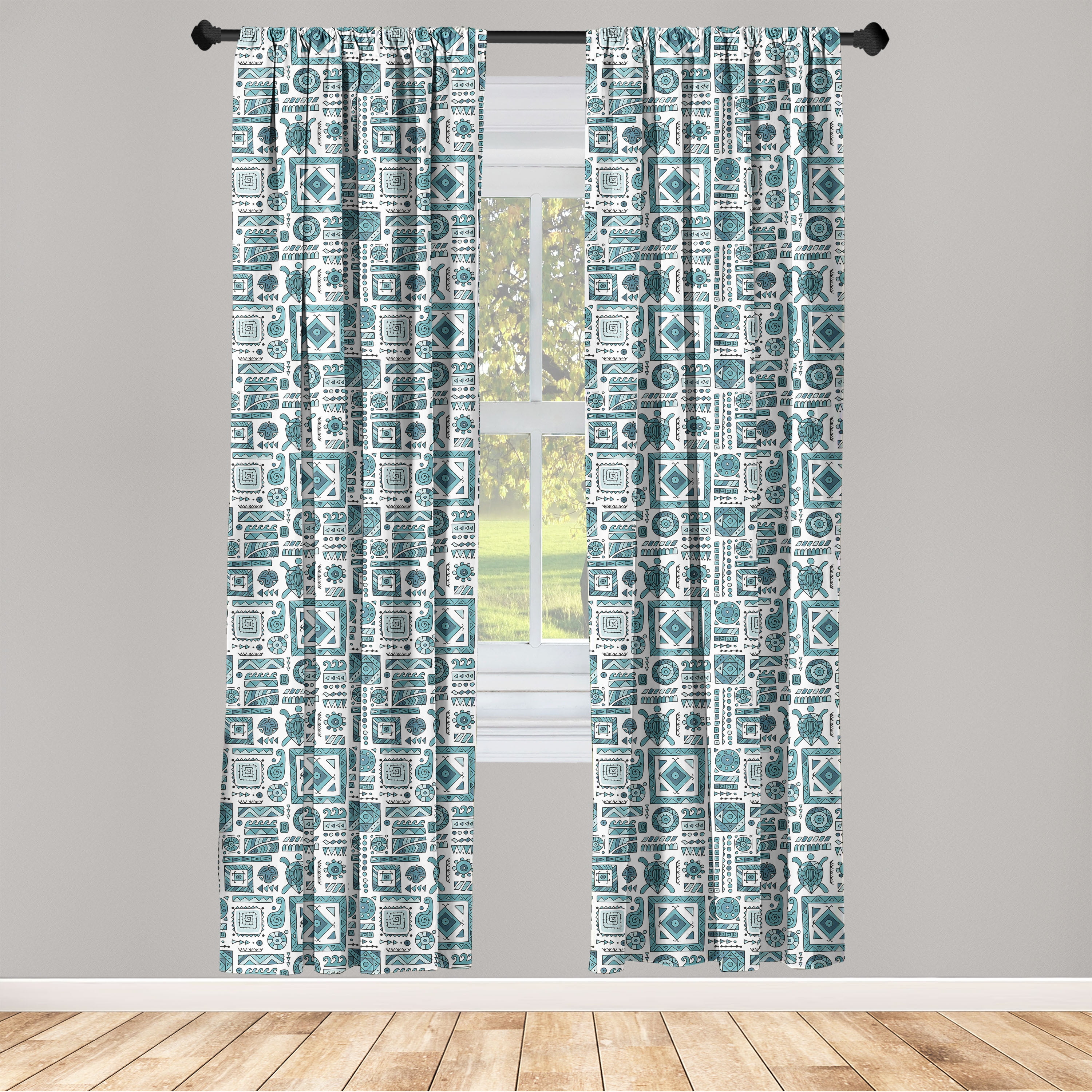 Ethnic Window Curtains, Traditional Vibe Mural Like Minimalist Drawn ...