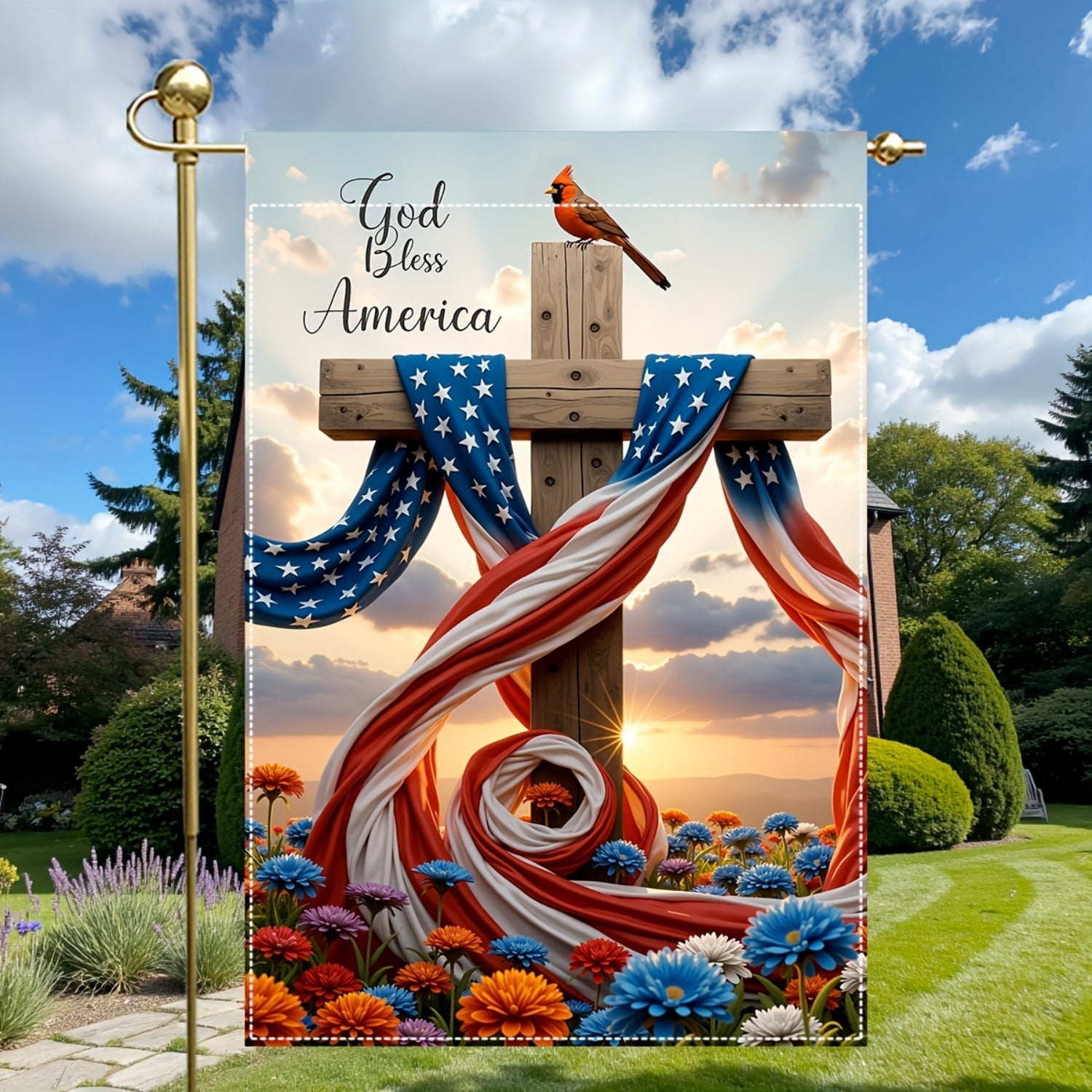 Ethyie 4th of July Garden Flag Cross Redbird Floral Vertical Double ...