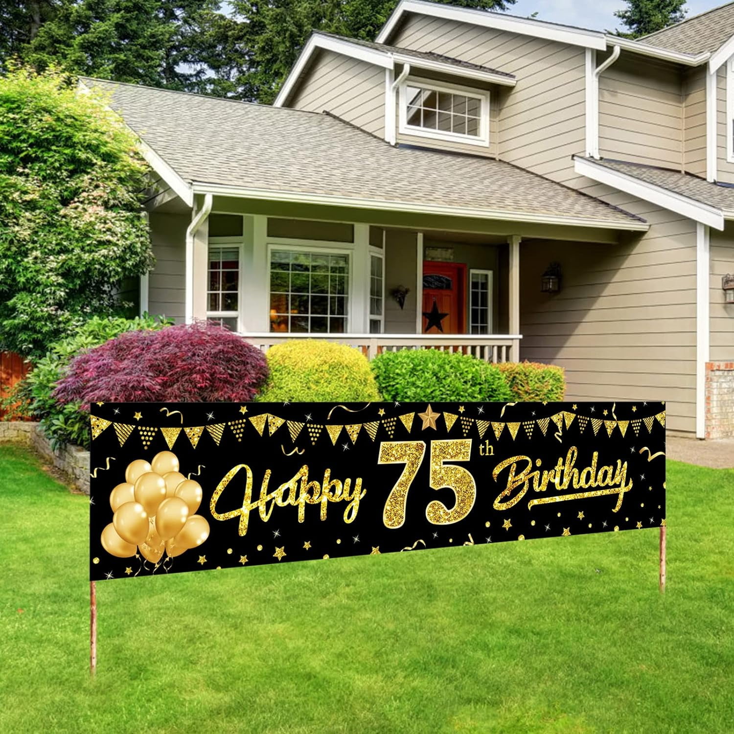 Ethyie Happy 75th Birthday Banner Decorations for Men Women, Black Gold ...