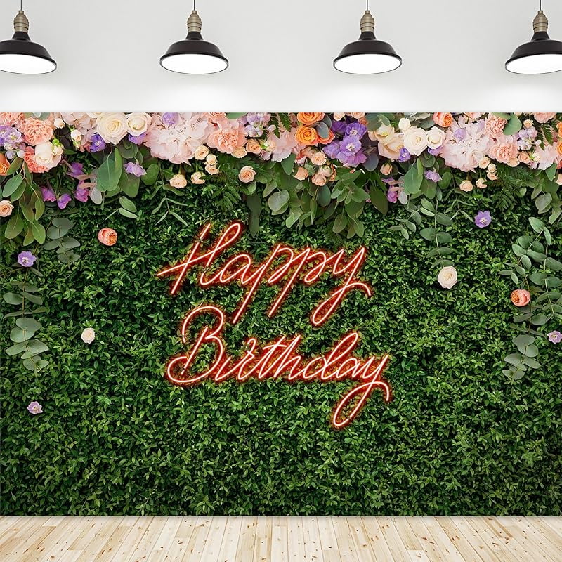 Ethyie Happy Birthday Backdrop for Women Neon Flower Wall Pink Rose ...
