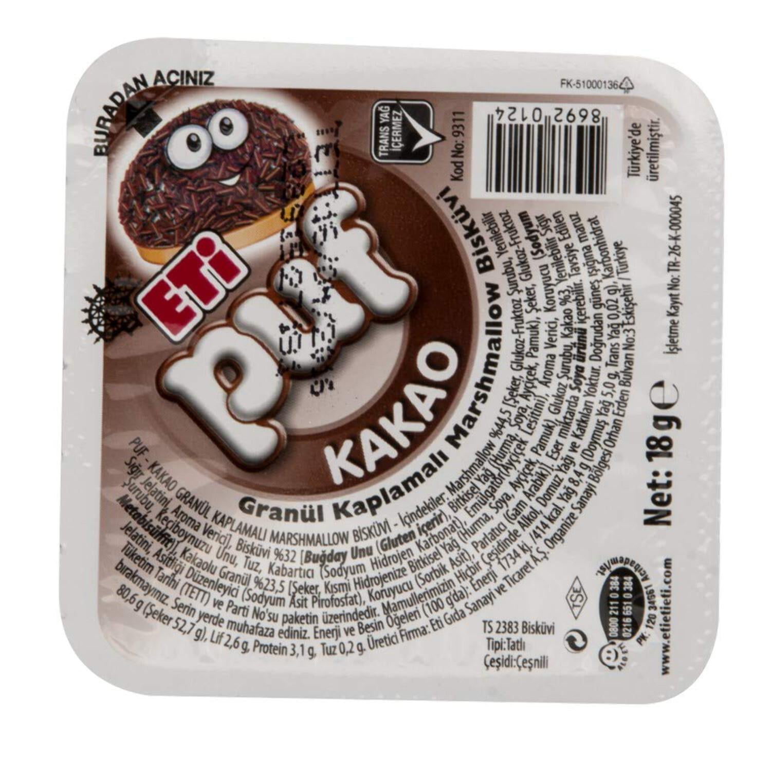 Eti Puf Kakaolu Biskuvi, Cocoa Granule Marshmallow Biscuit - 18 Gram (0 ...