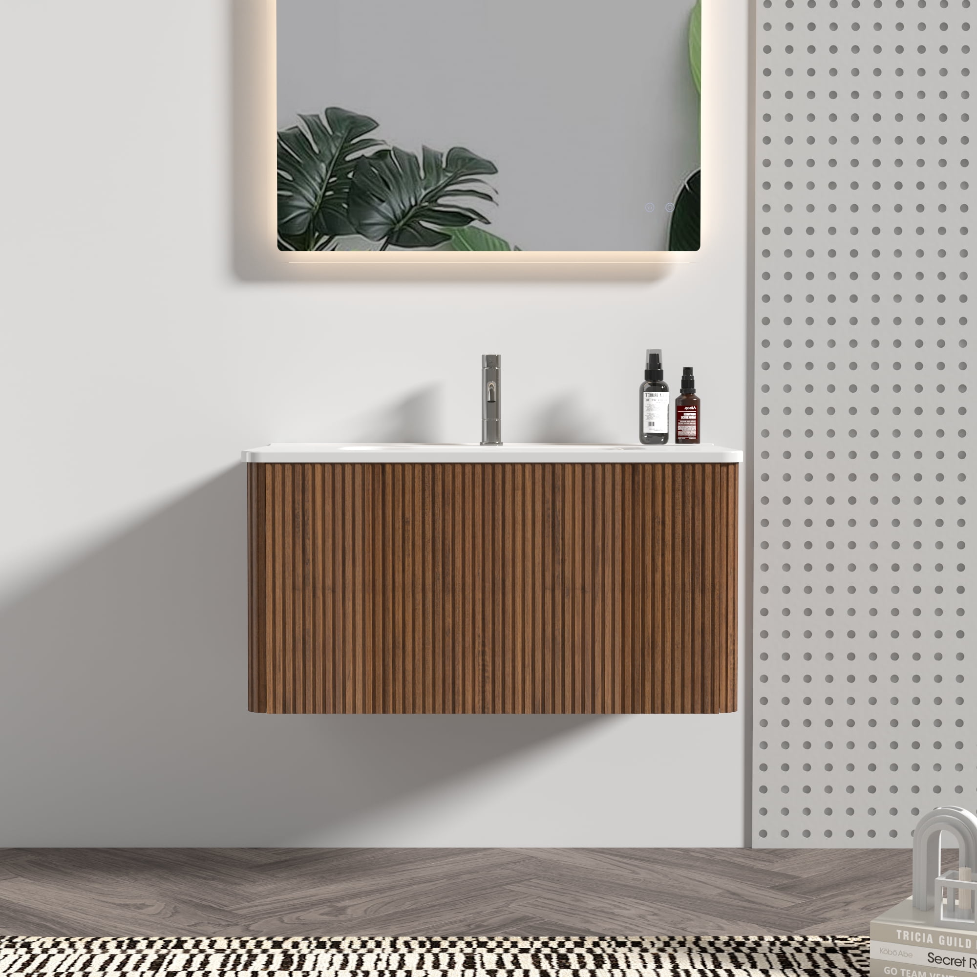 Etna 30" Striped Walnut Bathroom Vanity with White Ceramic Sink, Wall ...
