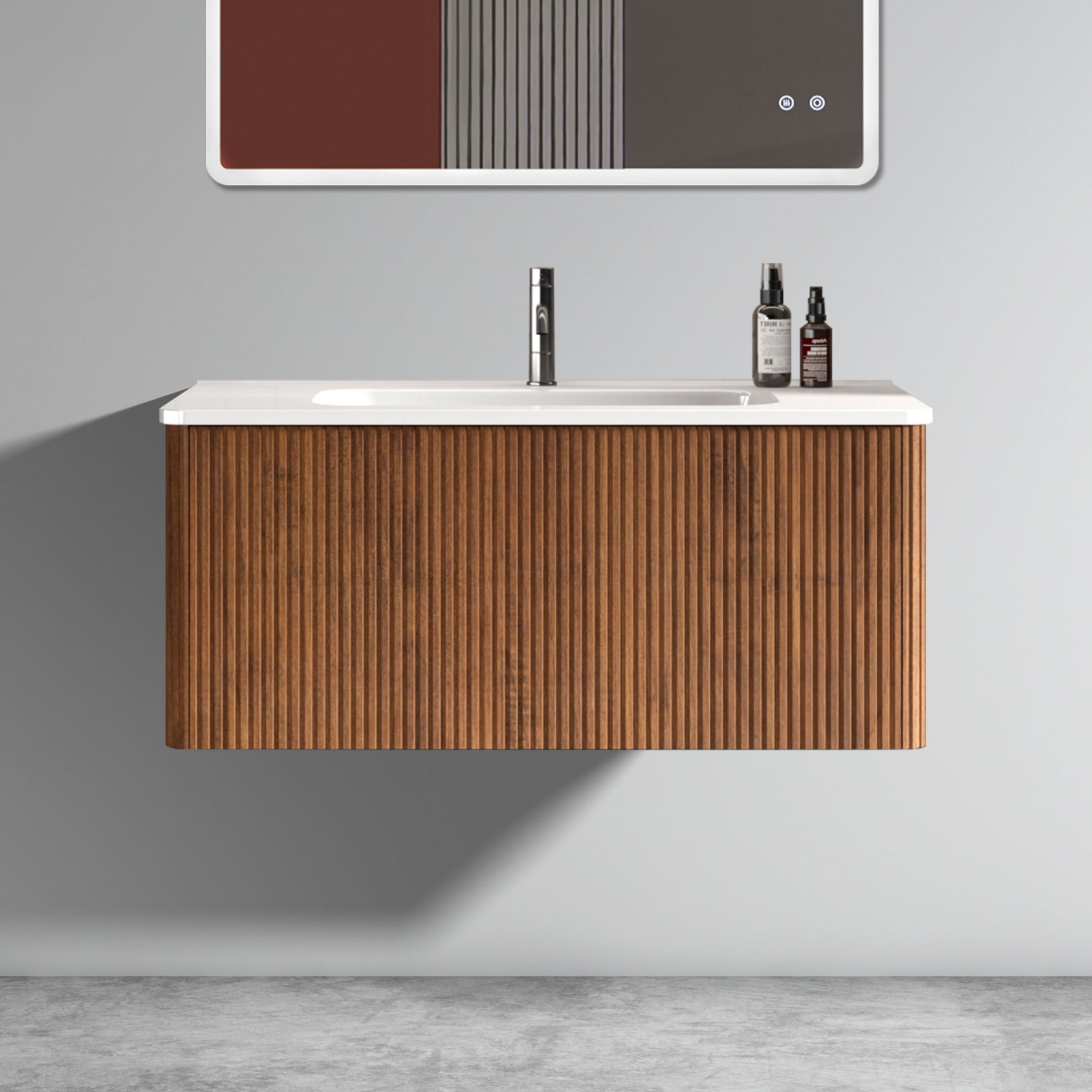 Etna 36-Inch Wall Mounted Floating Bathroom Vanity with Striped Walnut ...