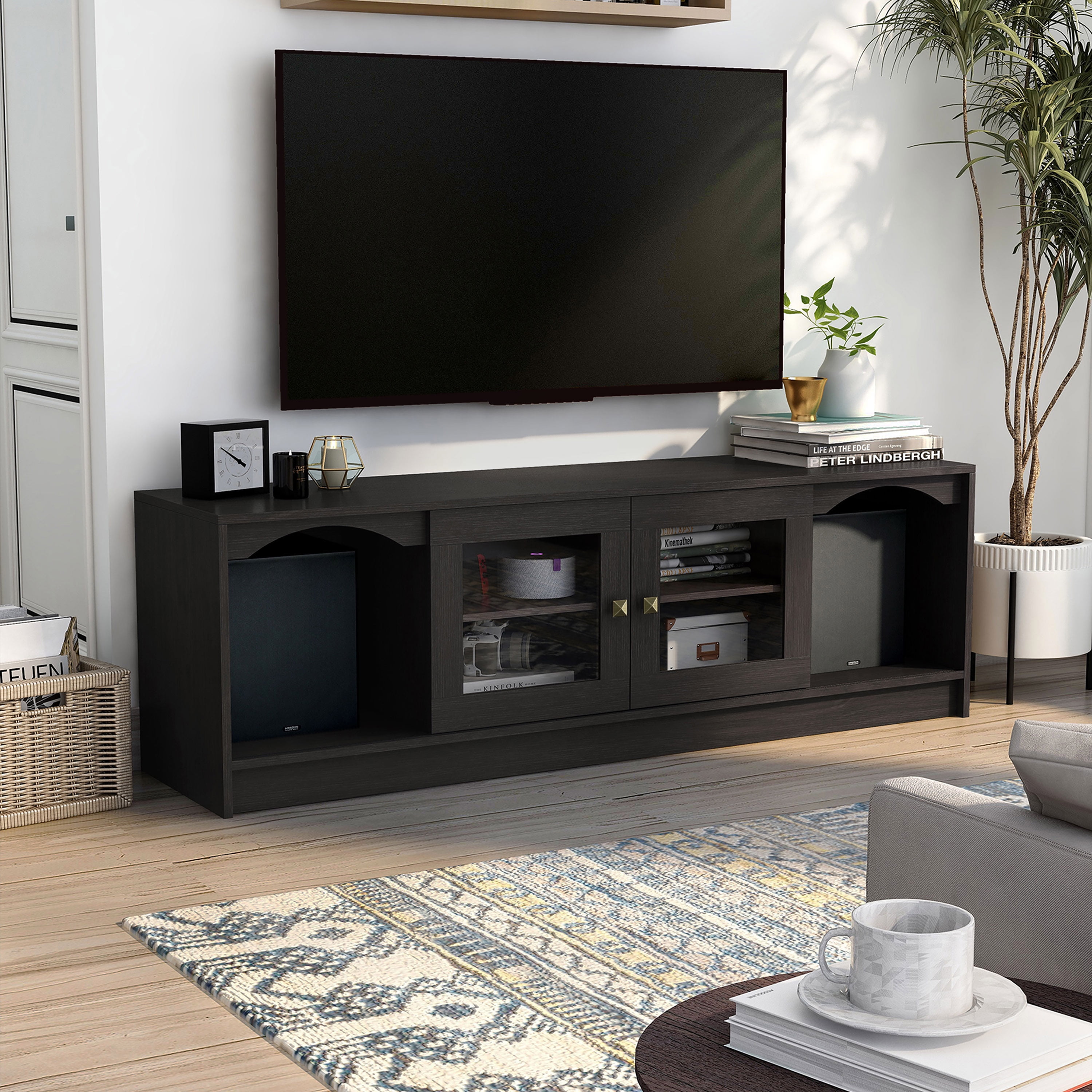 Etta Wood Espresso TV Stand with Doors and Side Storage Shelves ...