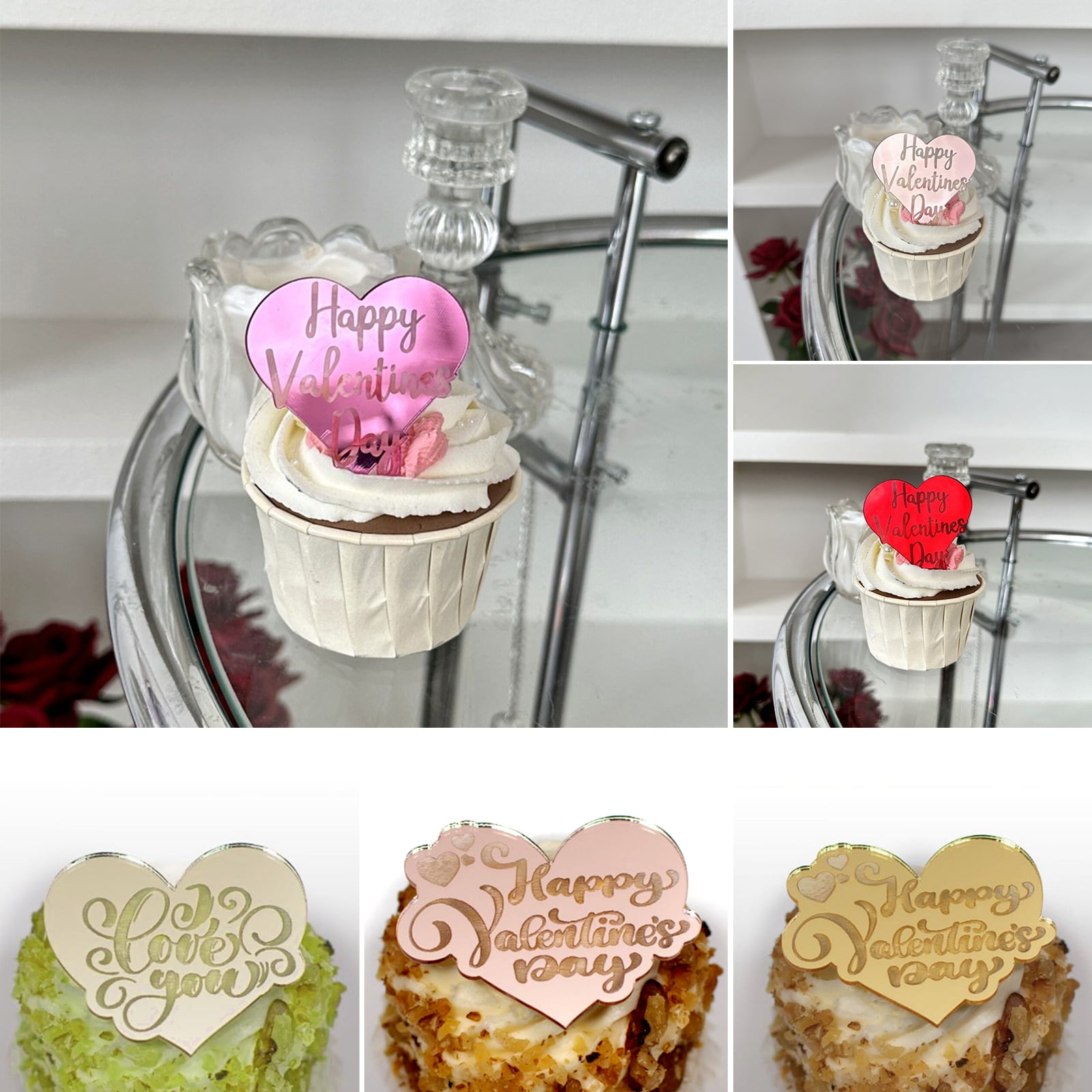 Ettsollp 10 Pcs Valentine's Day Cupcake Toppers Reflective Cake Dics ...