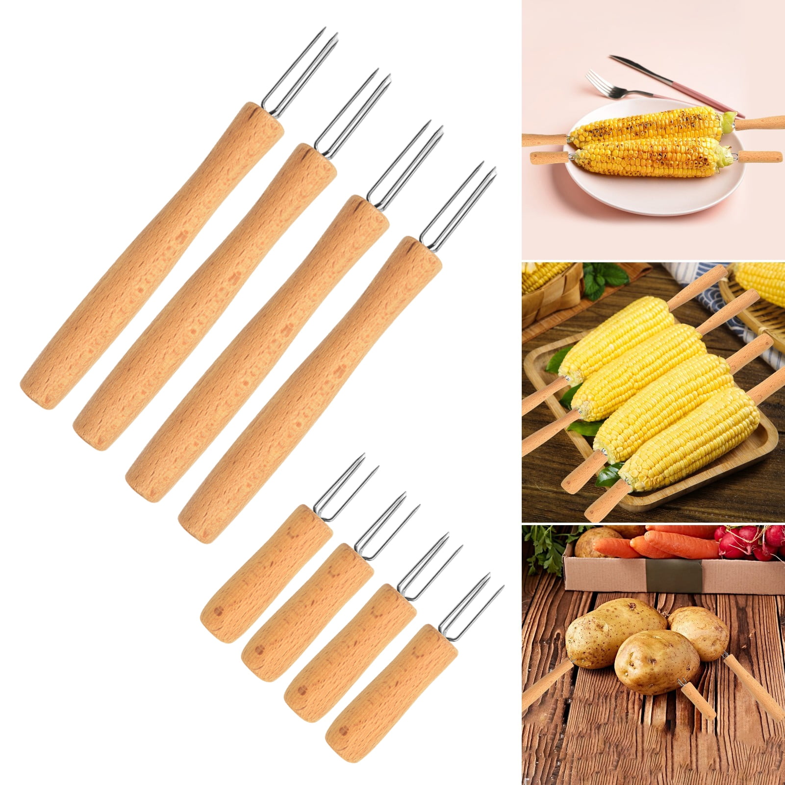 Ettsollp 4Pcs 3-Prong Metal Potato Forks with Beech Wood Handle ...