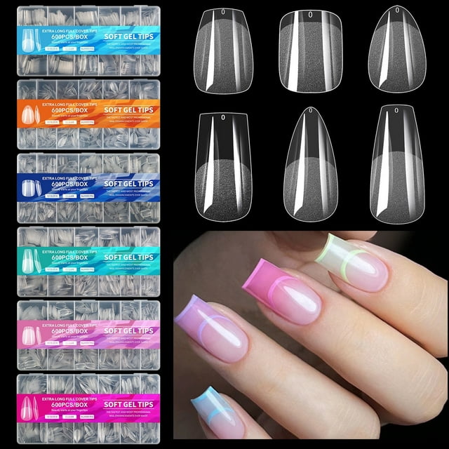 Ettsollp 600Pcs/Box Square Nail Art Tips Ultra-thin Transparent Nail ...
