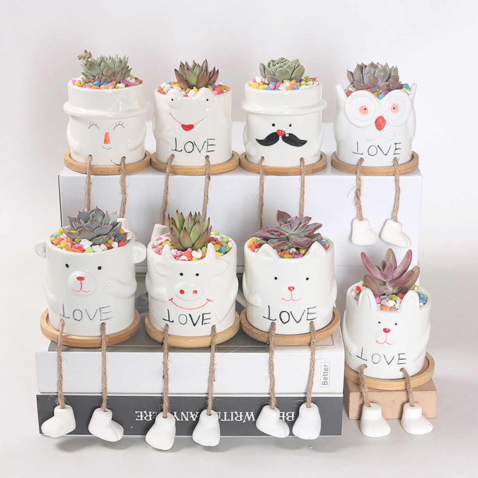 Ettsollp Animal Face Planter Pot Ceramic Flowerpot with Drainage Hole ...