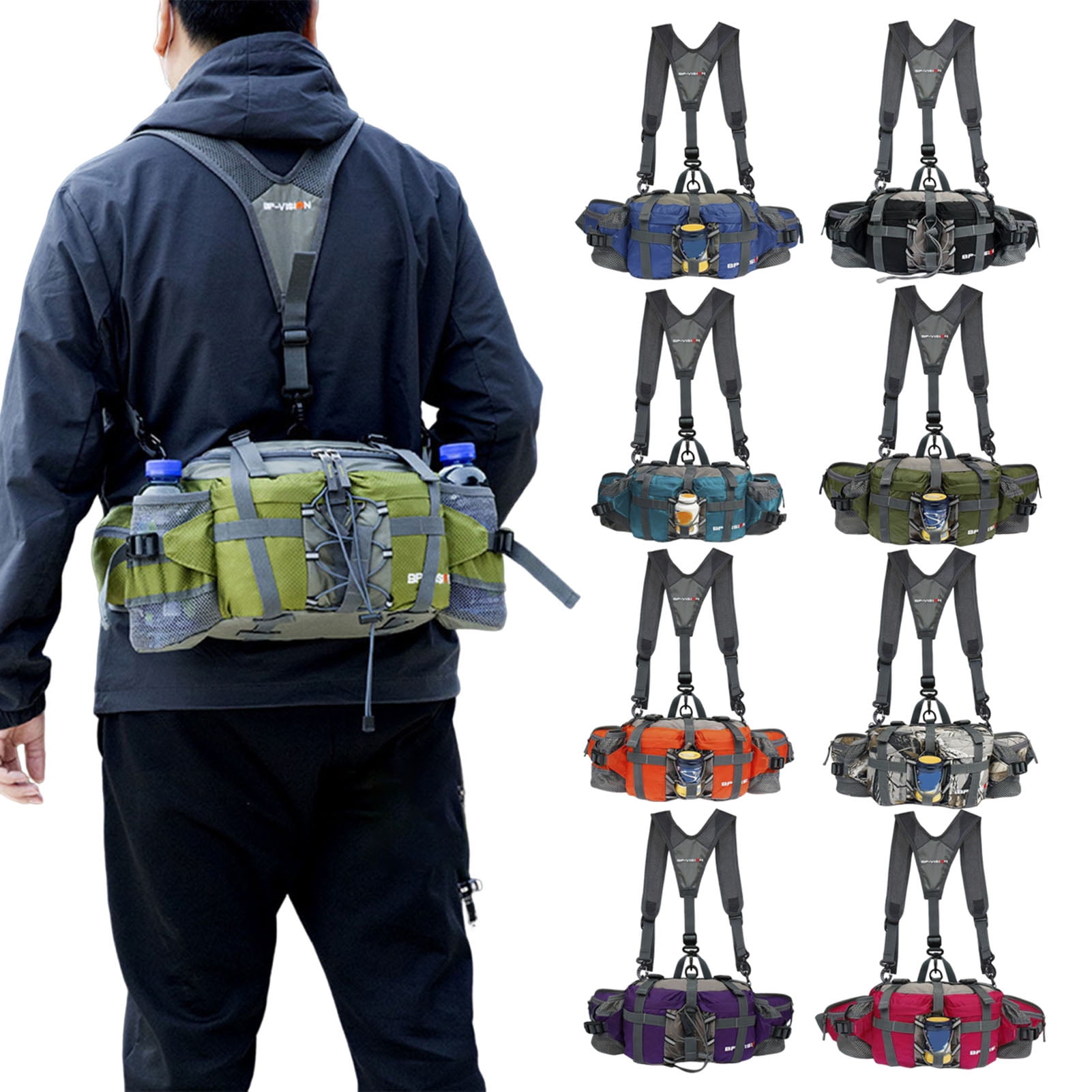 Ettsollp Hiking Fanny Pack Waterproof Outdoor Waist Bag with 2 Water ...