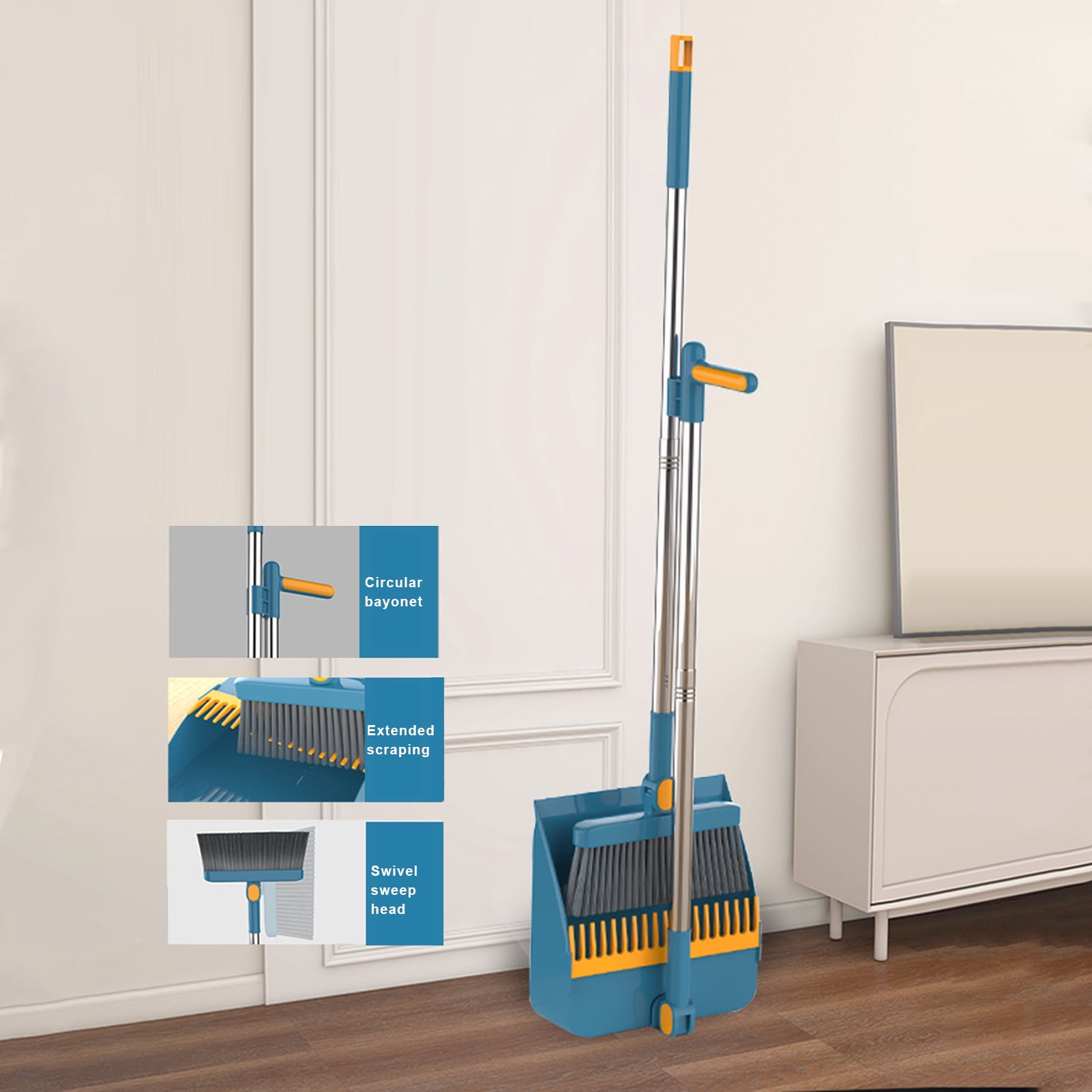 Ettsollp Long Handle Broom with Dustpan Set 180-Degree Angle Adjustment ...