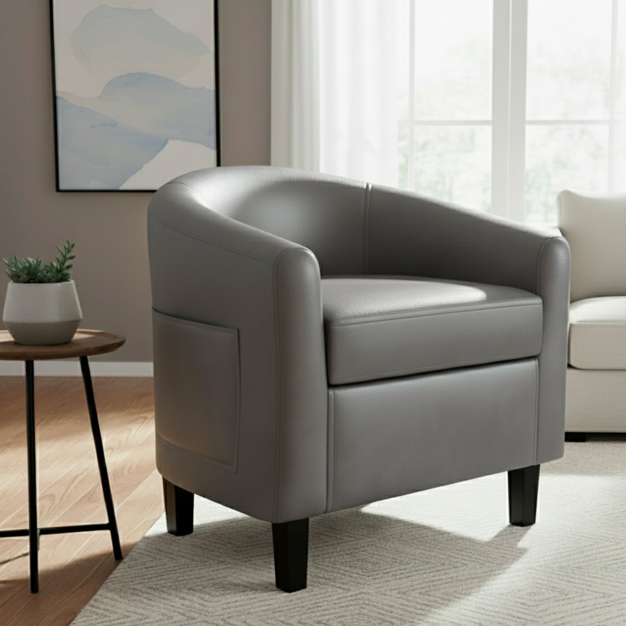 EuKer Accent Barrel Chair, PU Leather Single Sofa with Soft Cushion and ...