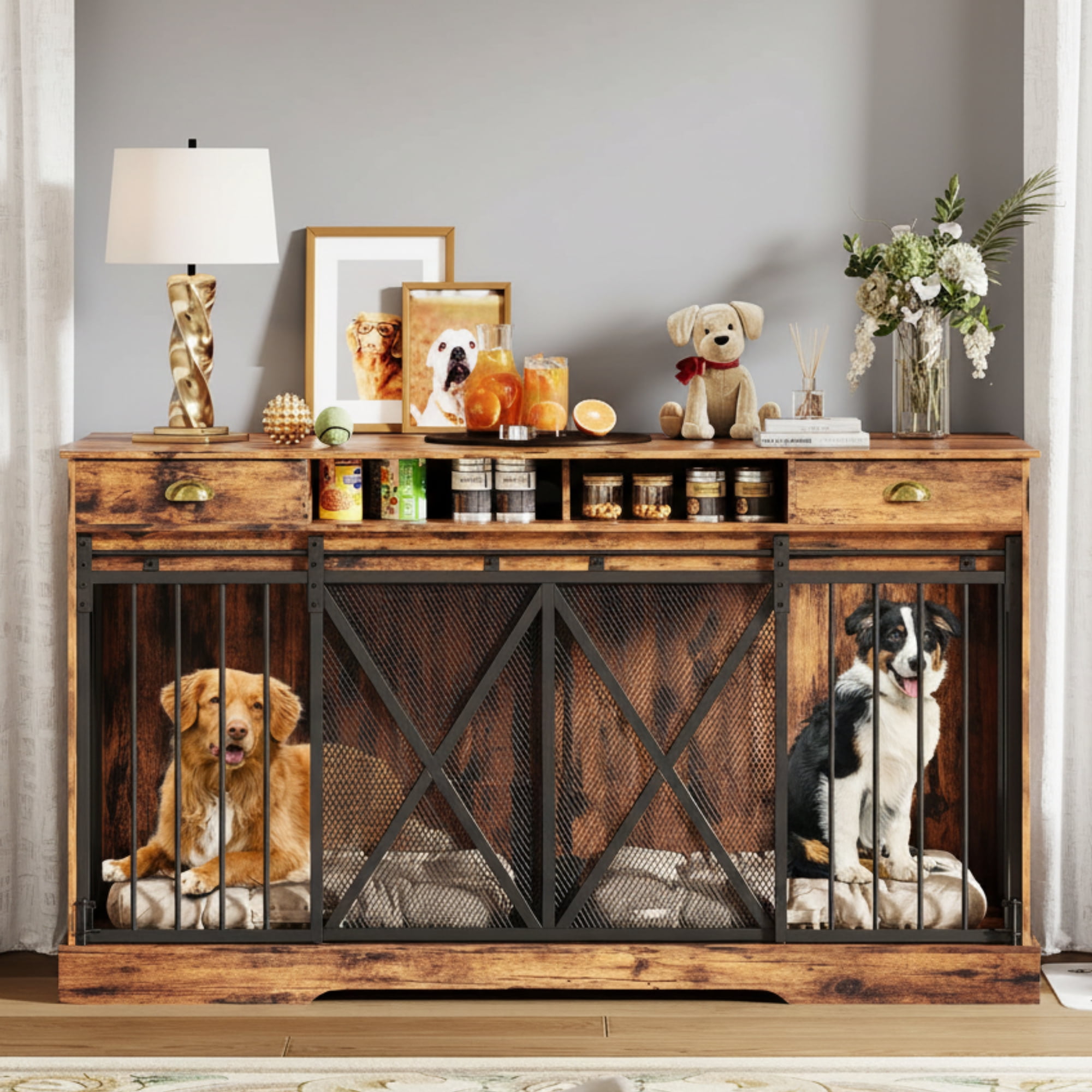 EuKer Dog Kennel Furniture 2 Dog, 62.6" Wood Dog Crate TV Stand with ...