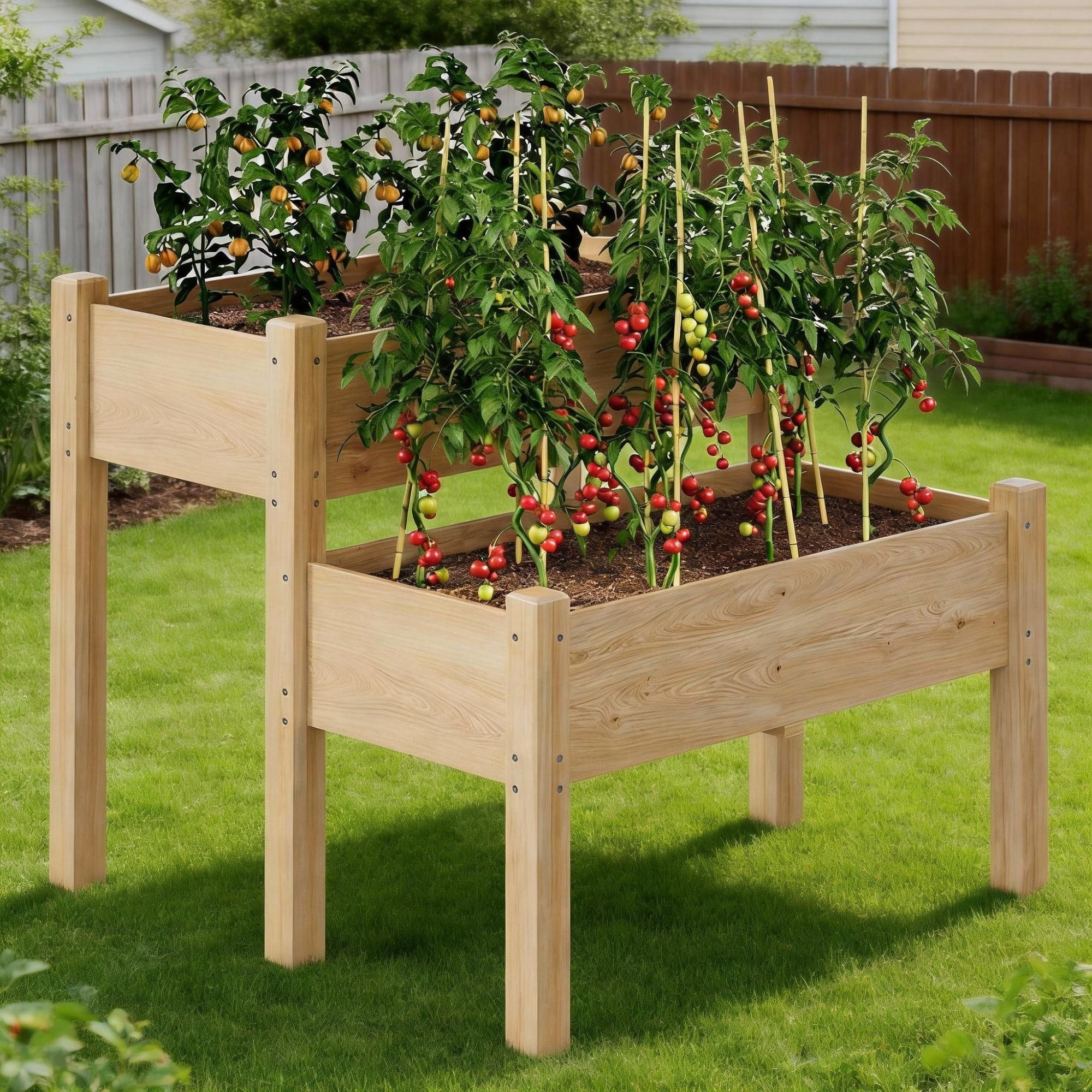 EuKer Raised Garden Planter, Two-Tier Wooden Long Planter Box with ...
