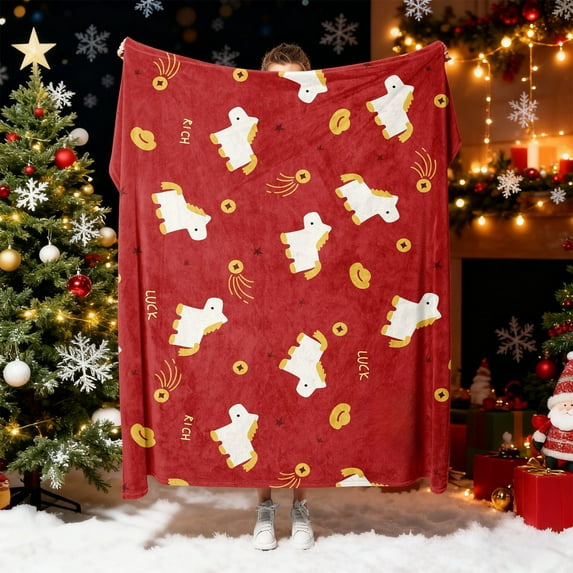 Euaioeiu 2026 Year of the Horse Throw Blanket, Red Fleece Sofa Blanket ...