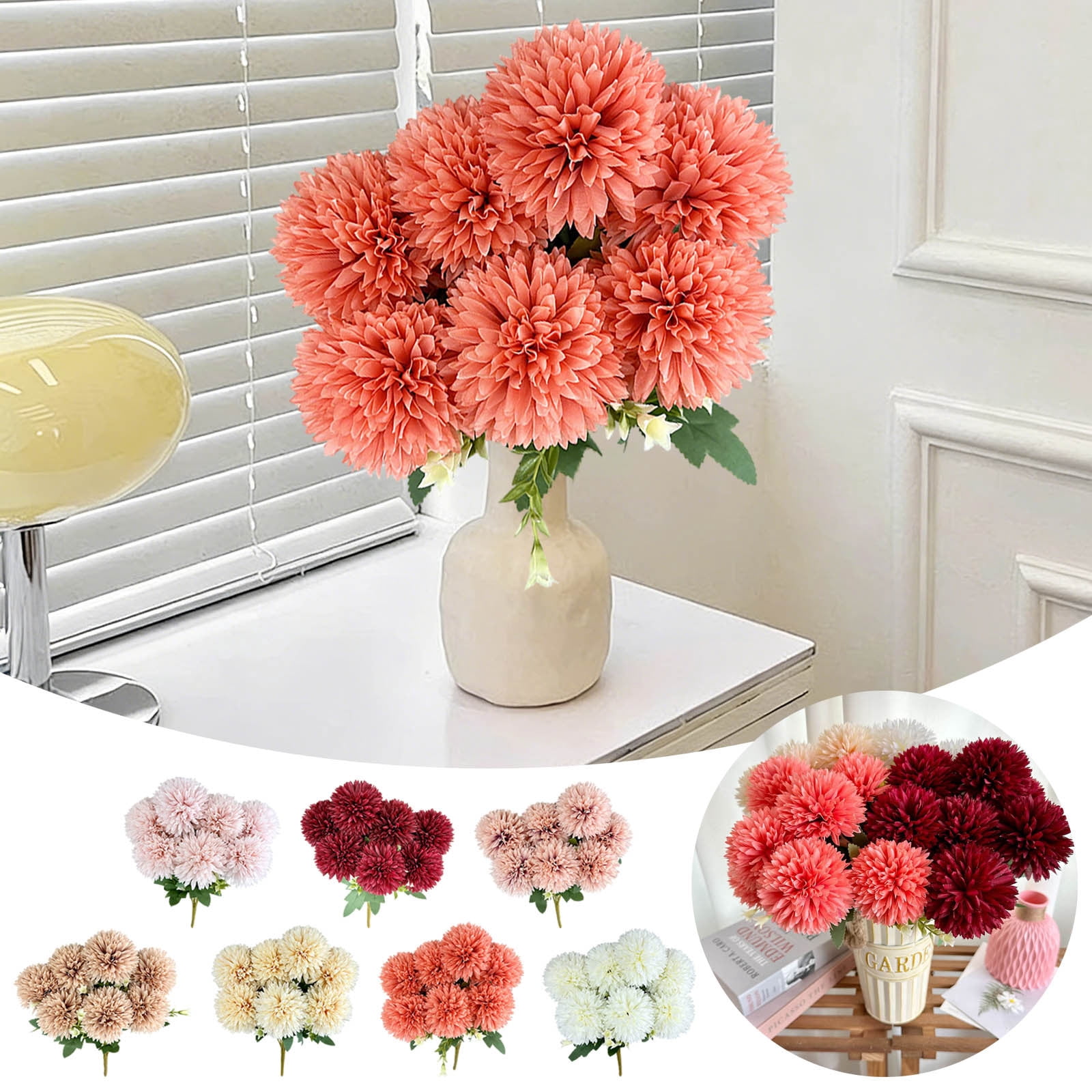 Euaioeiu Coral Artificial Ball Chrysanthemum 7-Head Faux Flowers with ...
