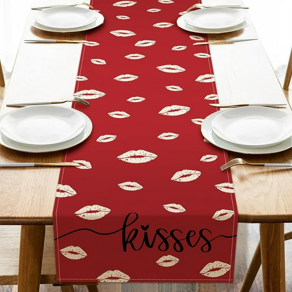 Euaioeiu Valentine's Day Table Runner Heart Design Flax Fabric ...