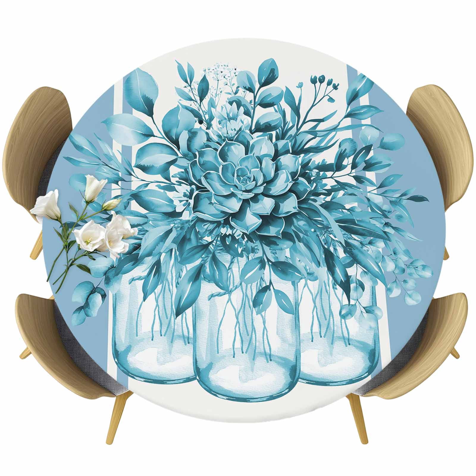 Eucalyptus Aqua Round Tablecloth, Fitted Table Cover with Elastic for ...