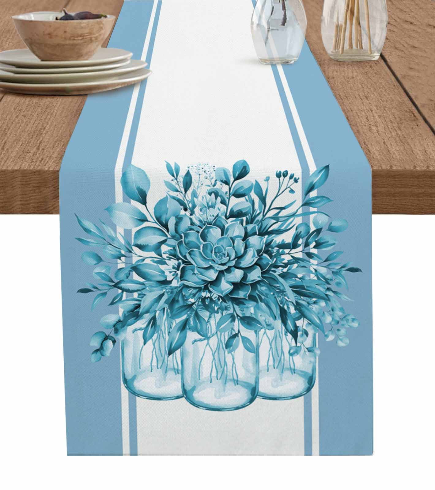 Eucalyptus Aqua Table Runner Stripes Bottle Flower Cactus Plant ...