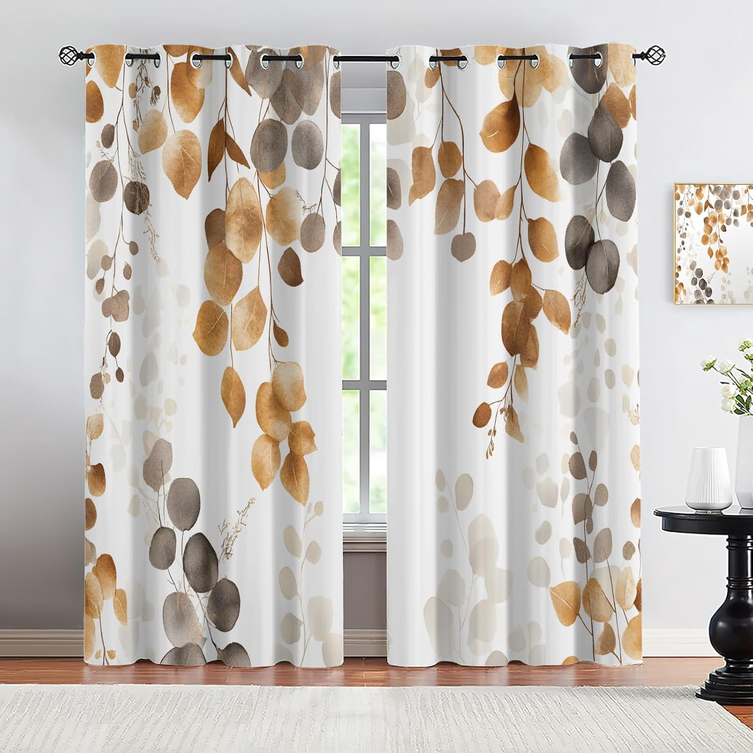 Eucalyptus Blackout Curtains, Gold Botanical Window Drapes for Bedroom ...