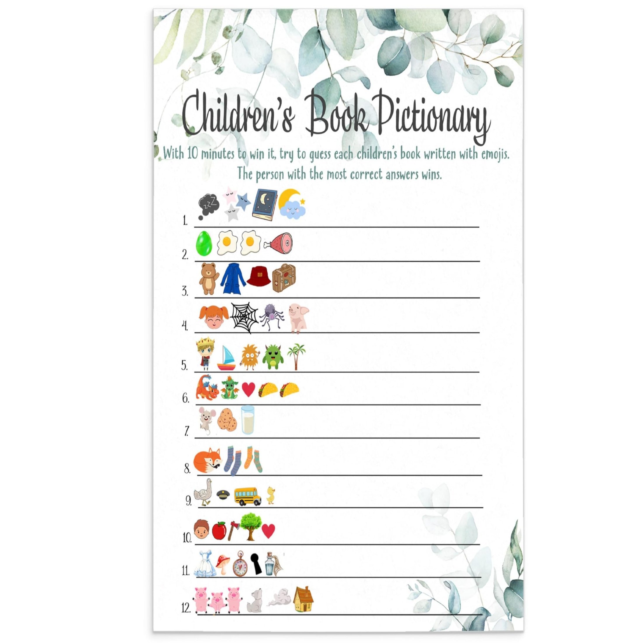 Eucalyptus Blossom Baby Shower Emoji Pictionary Game - Interactive ...