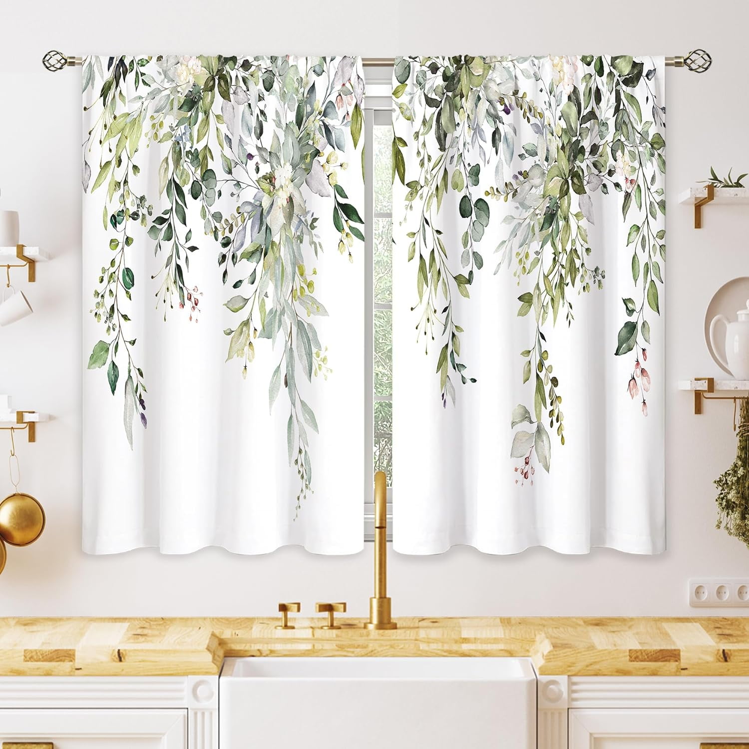 Eucalyptus Botanical Leaves Floral Kitchen Window Curtains Over Sink ...